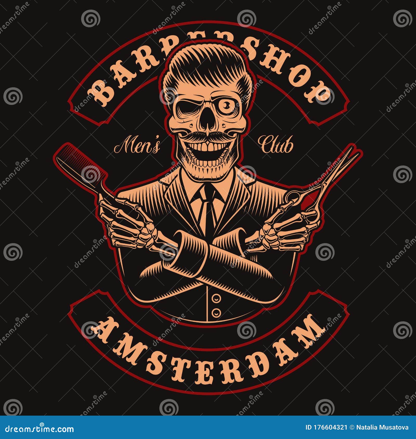 Vector Illustrations of Barber Skull with Scissors and Comb Stock ...