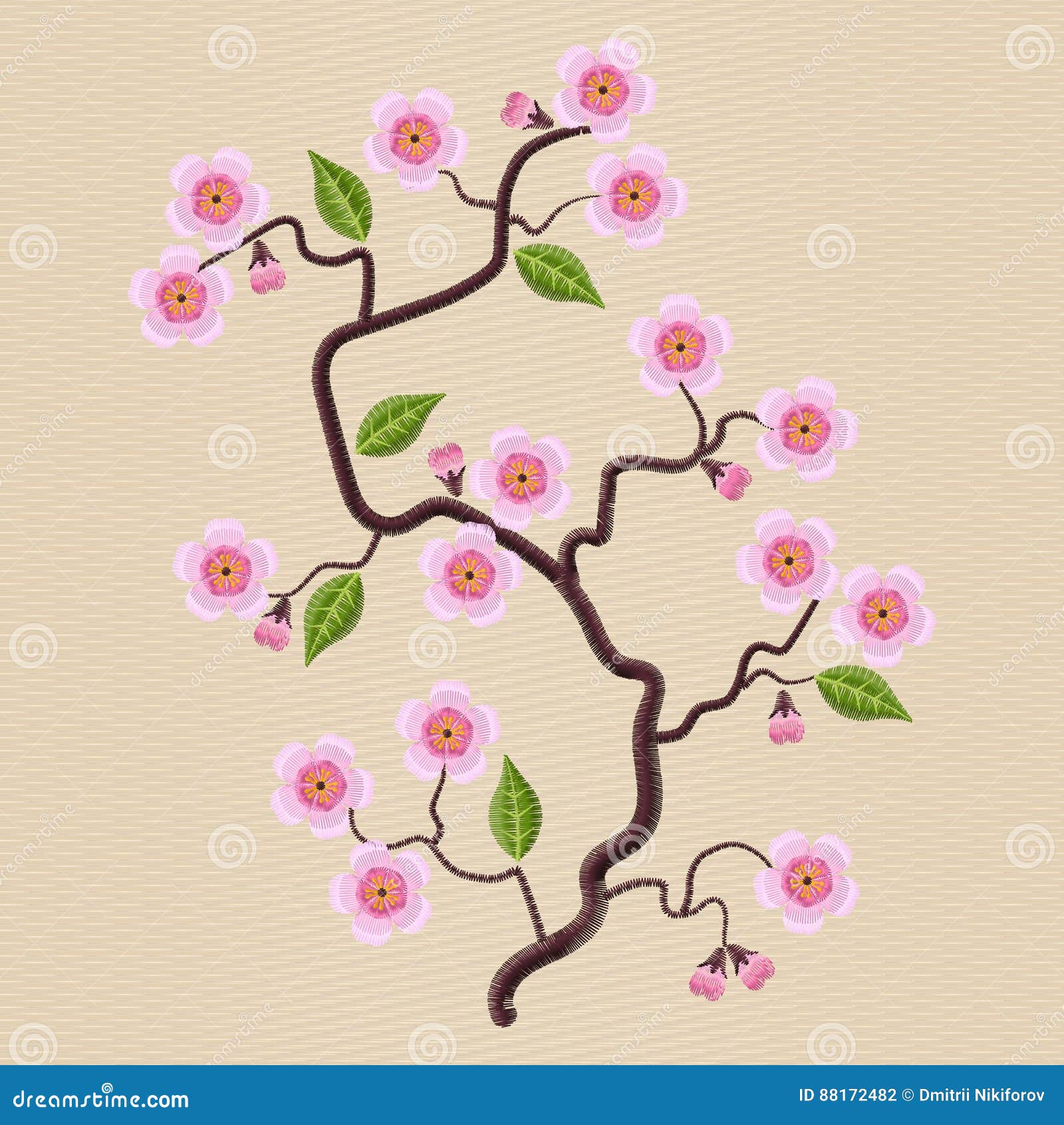 Vector Illustrations Blooming Sakura Branch Embroidery. Stock Vector ...