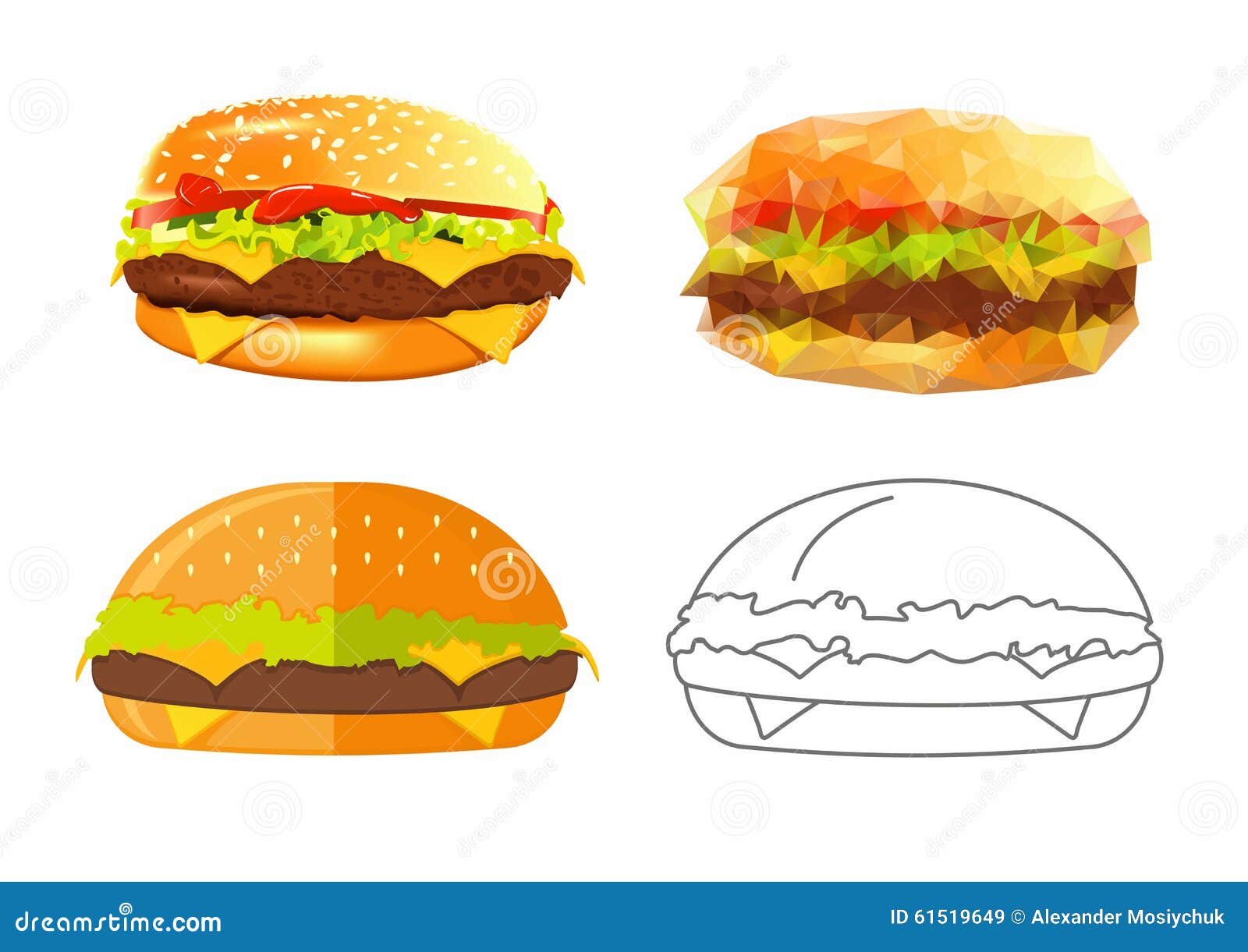 Vector Illustrations of Burgers in 4 Styles. Flat, Linear, Low-poly and ...