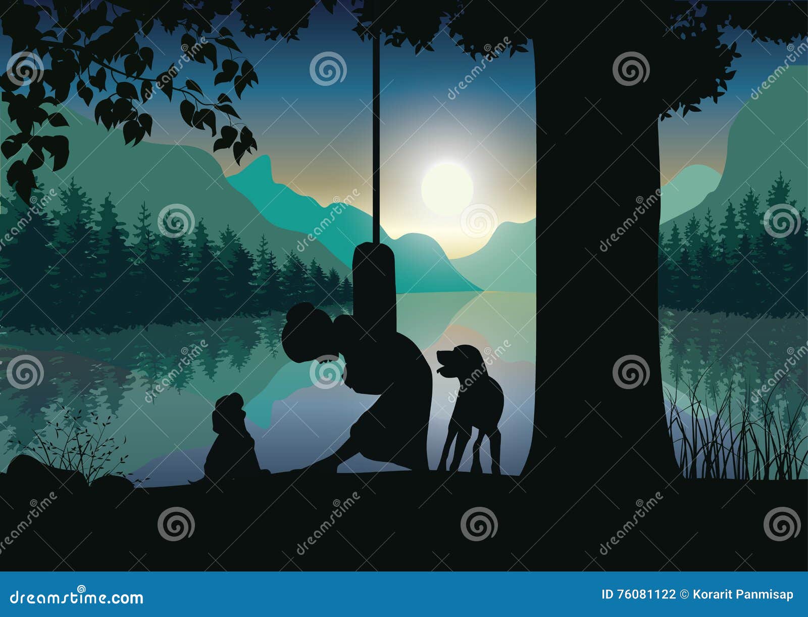 Vector Illustrations, Children Play with the Dog Under the Tree Stock ...