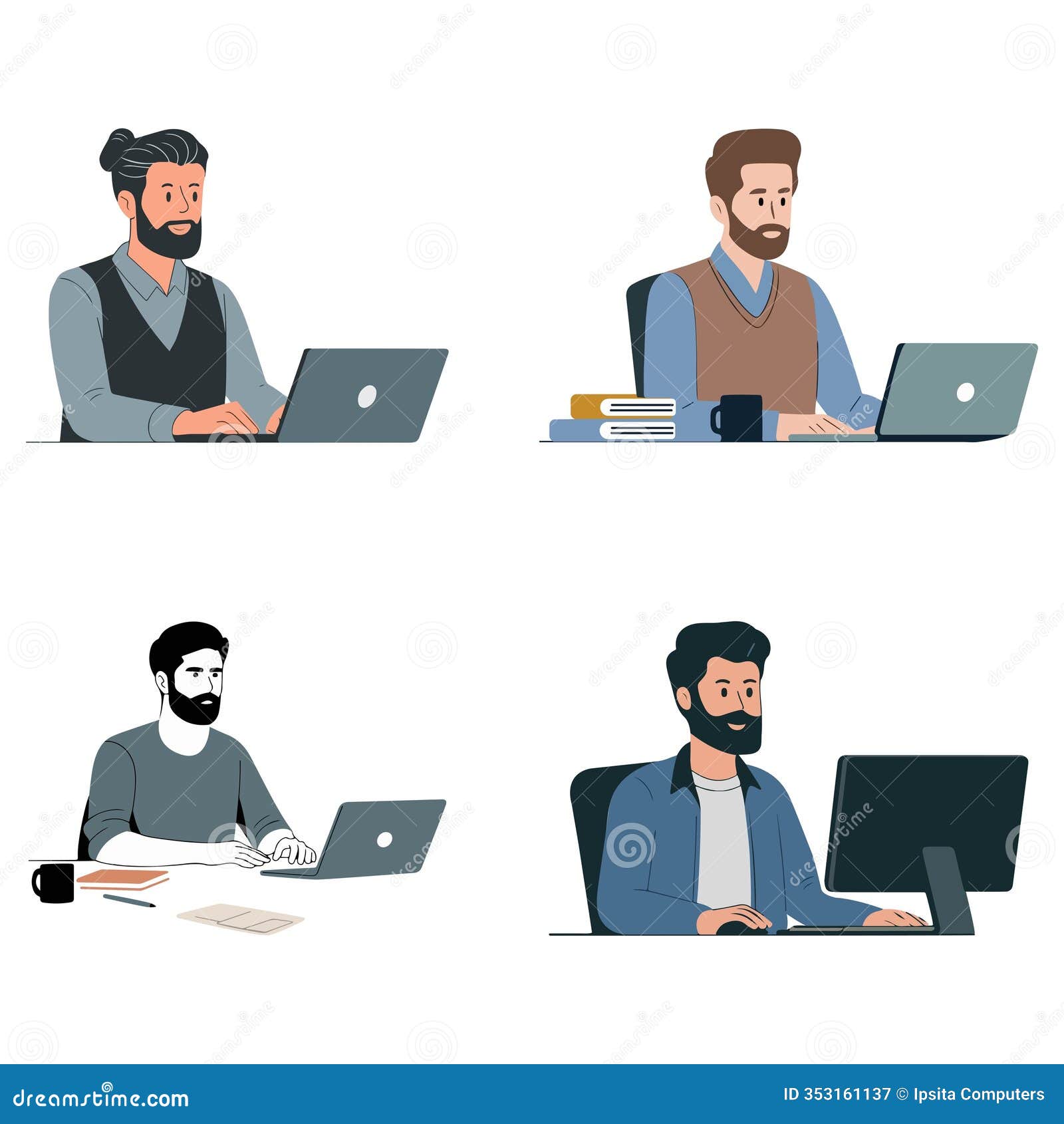 Vector Illustrations of Professional Men Working on Laptop and Desktop ...