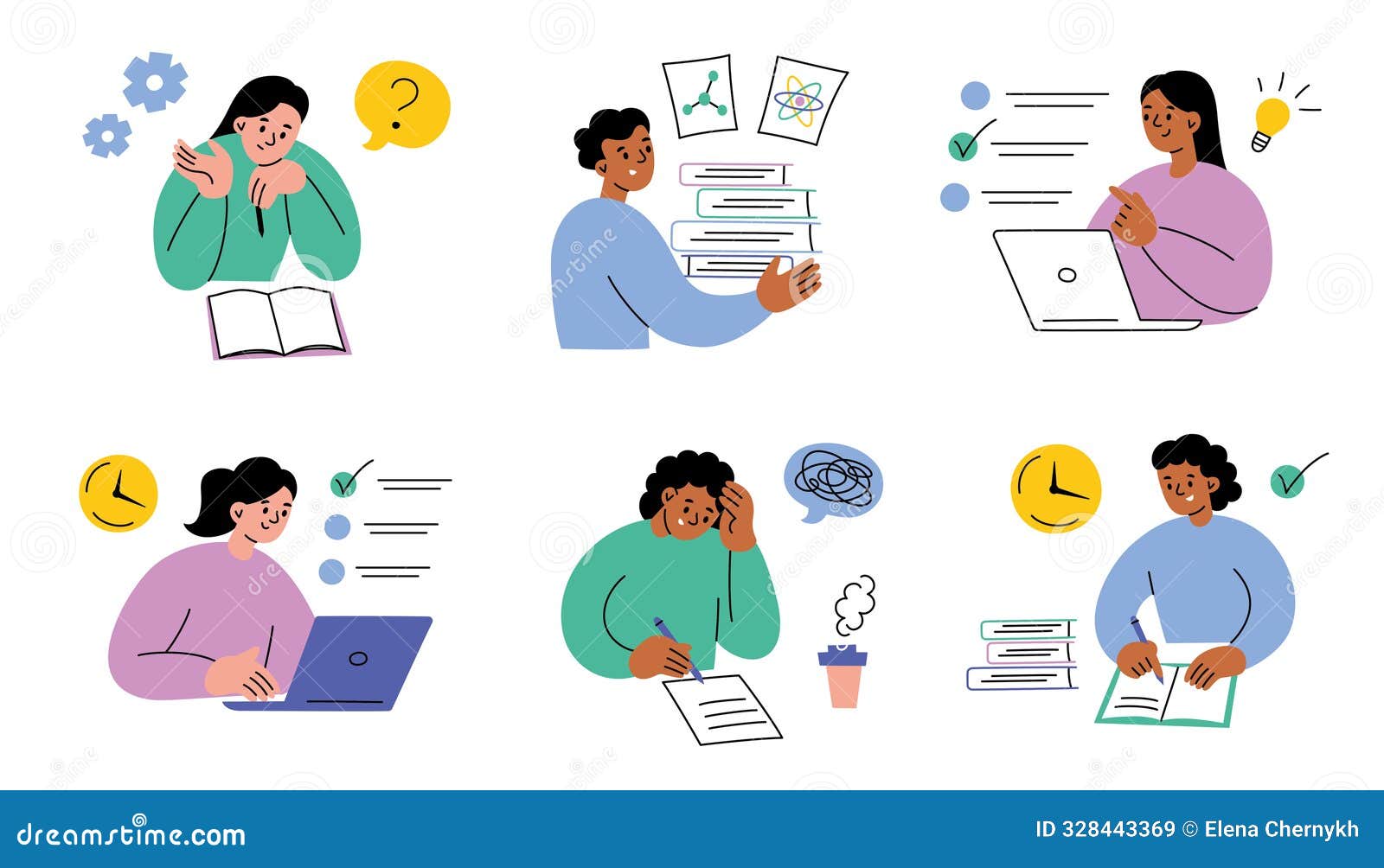 Vector Illustrations of Students Taking Tests on Computers and Writing ...