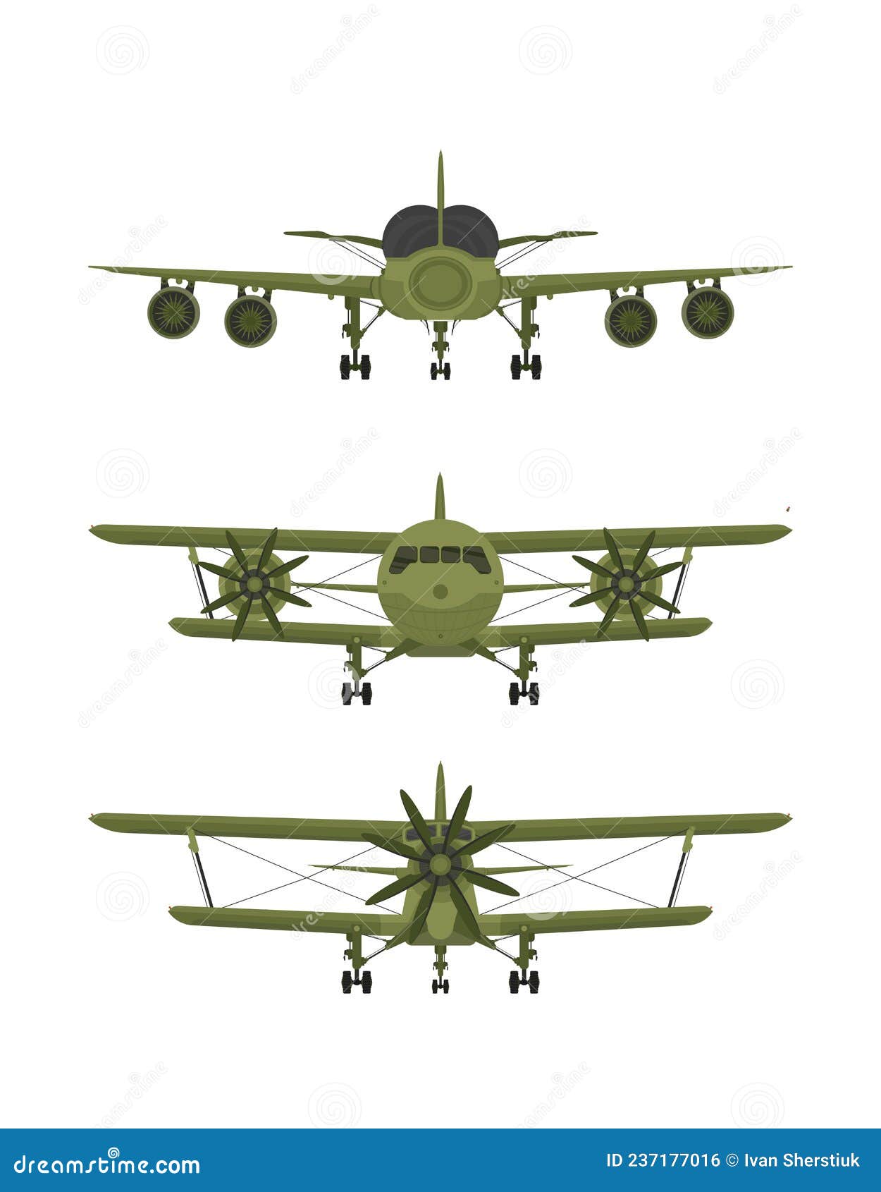 Military Plane Set, Army Plane Isolated on White Background, Front View ...