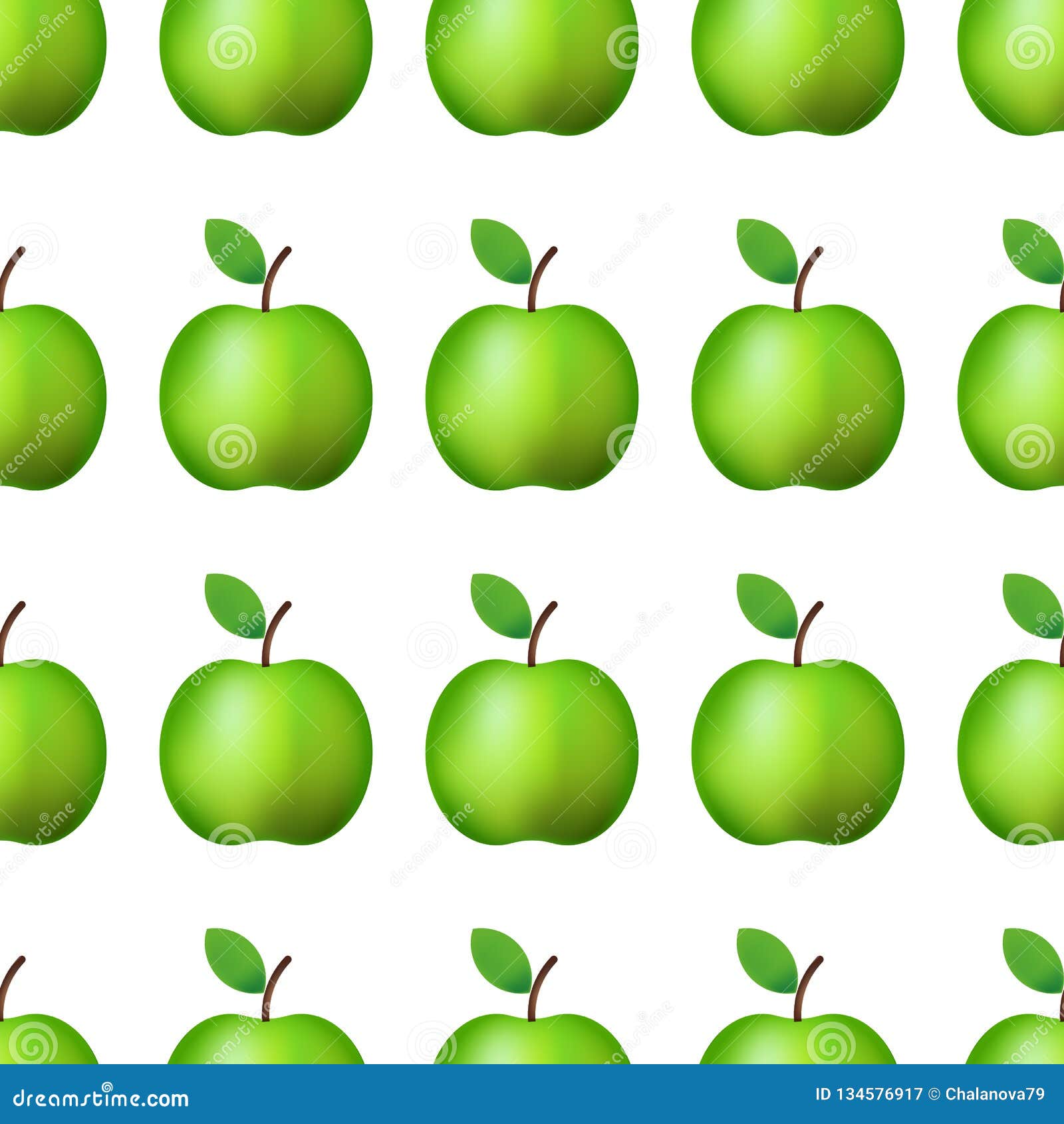 Vector Ilustration Seamless Pattern Realistic Green Apple On White