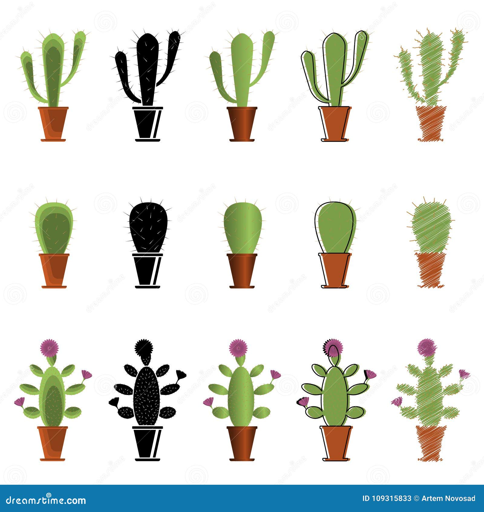 Set of Cacti in Different Styles Stock Vector - Illustration of floral ...