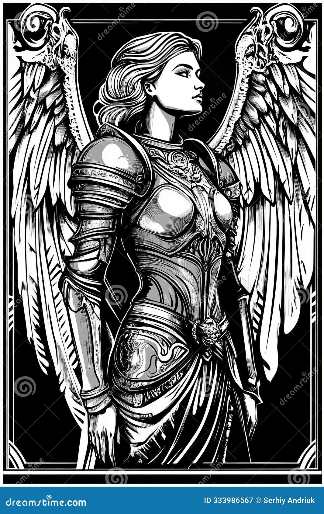 The Vector Image of an Angel with Wings and a Shield on a Black ...