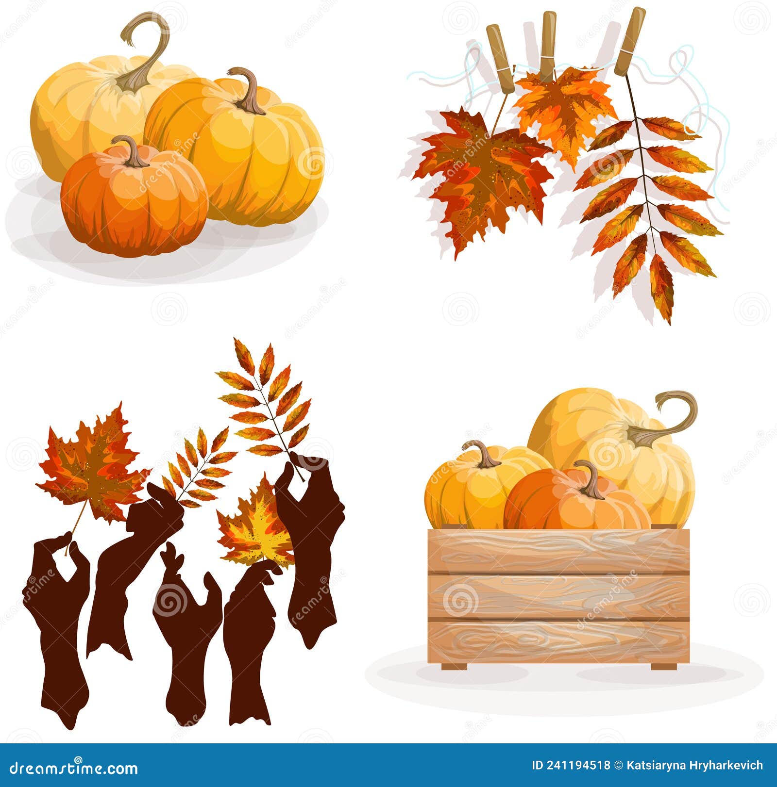 Autumn Objects Such As Pumpkins and Foliage. Set. Cartoon Style Stock ...