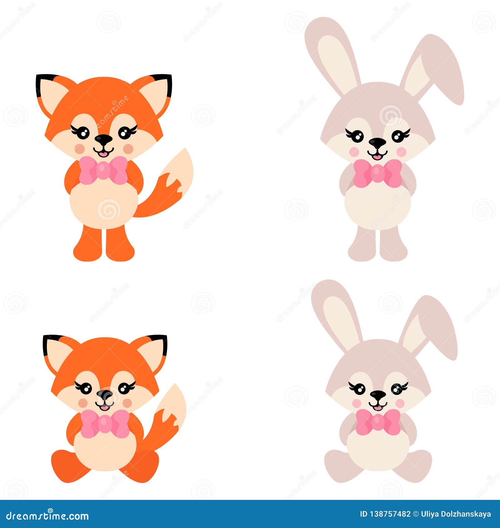 Cartoon Cute Bunny and Fox Sits Vector Stock Vector - Illustration of ...
