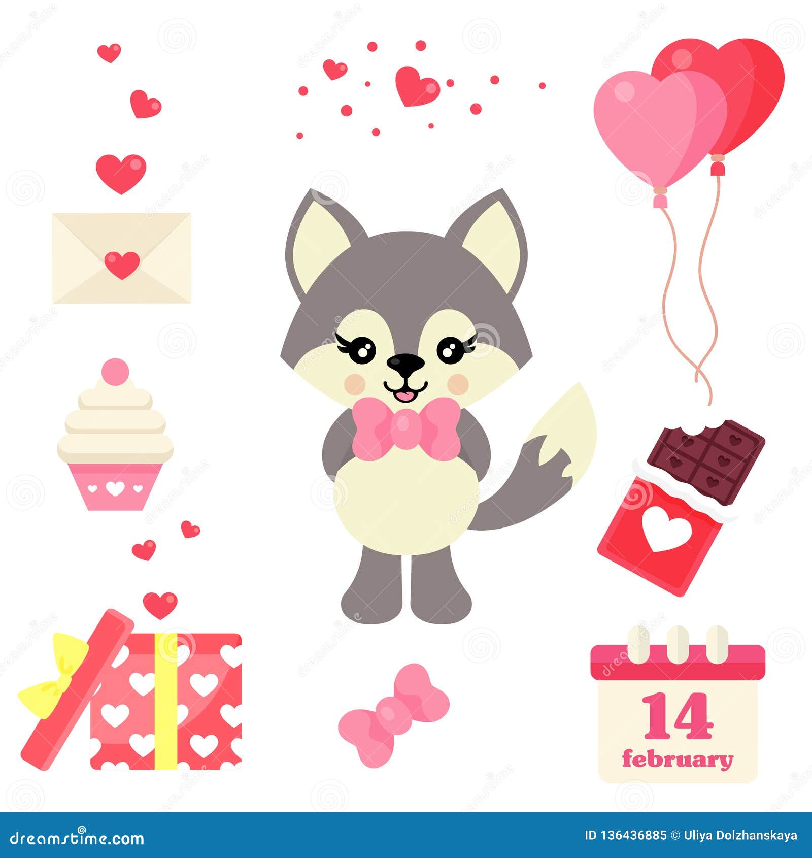 Cartoon Cute Wolf with Tie Vector and Valentines Day Element Stock ...