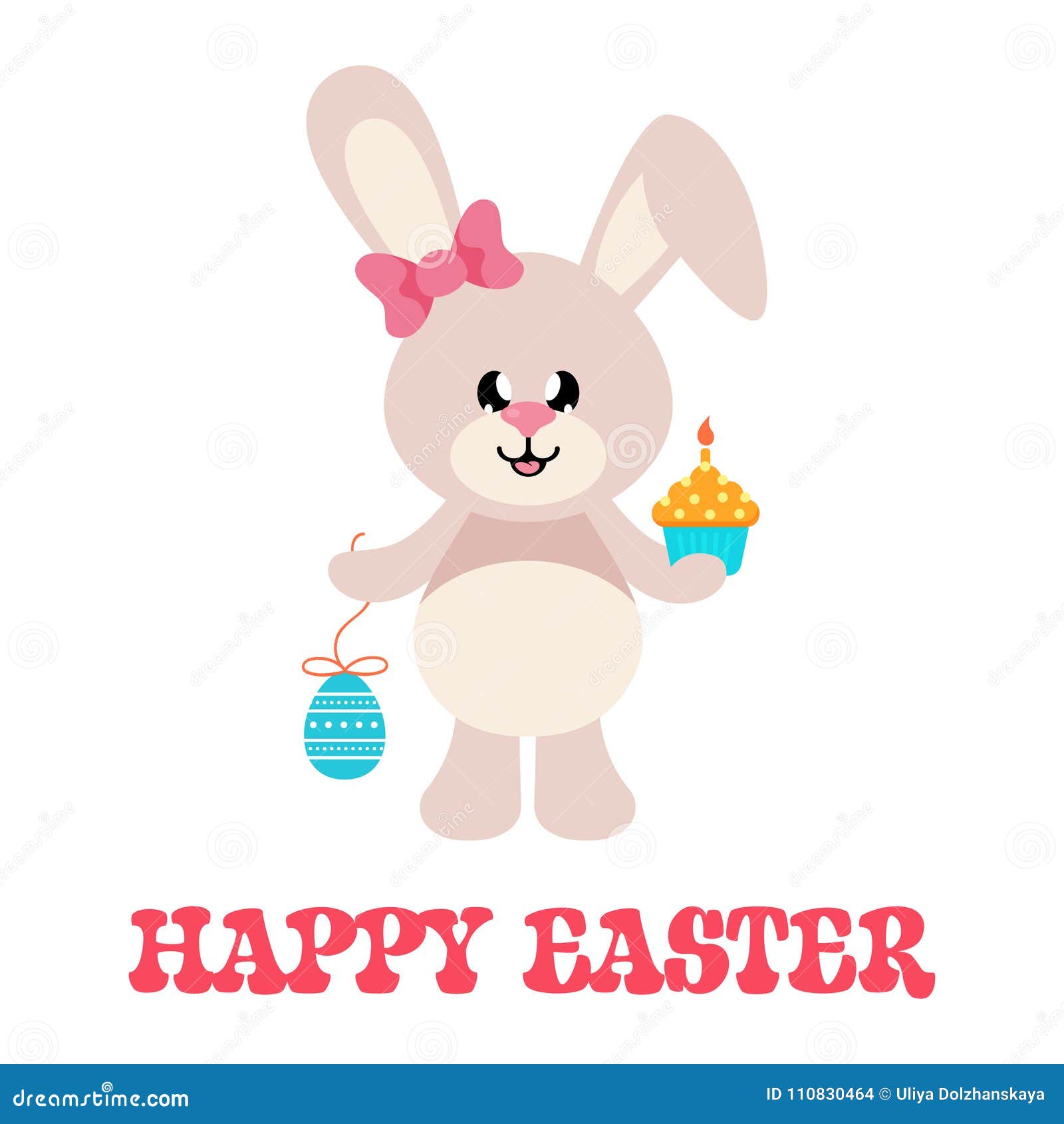 Cartoon Easter Bunny Girl with Bow and Easter Egg and Cake with Text ...