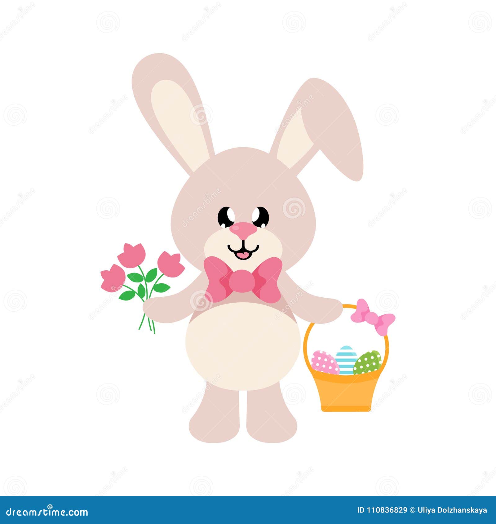 Cartoon Easter Bunny Girl with Bow and Easter Egg and Cake with Text ...