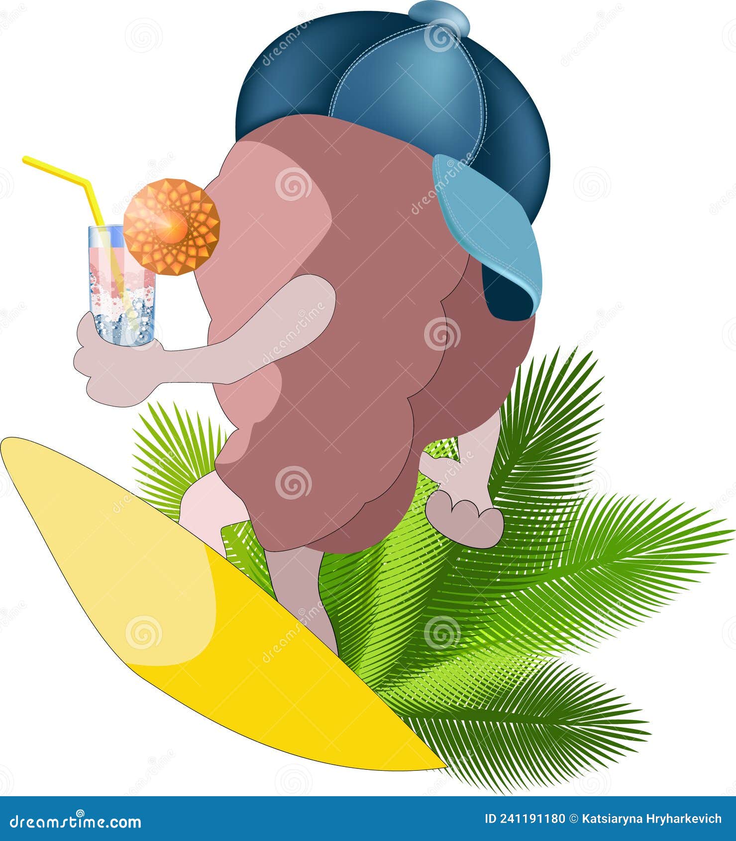 Vector Image of a Character in the Form of a Brain with a Surfboard and ...