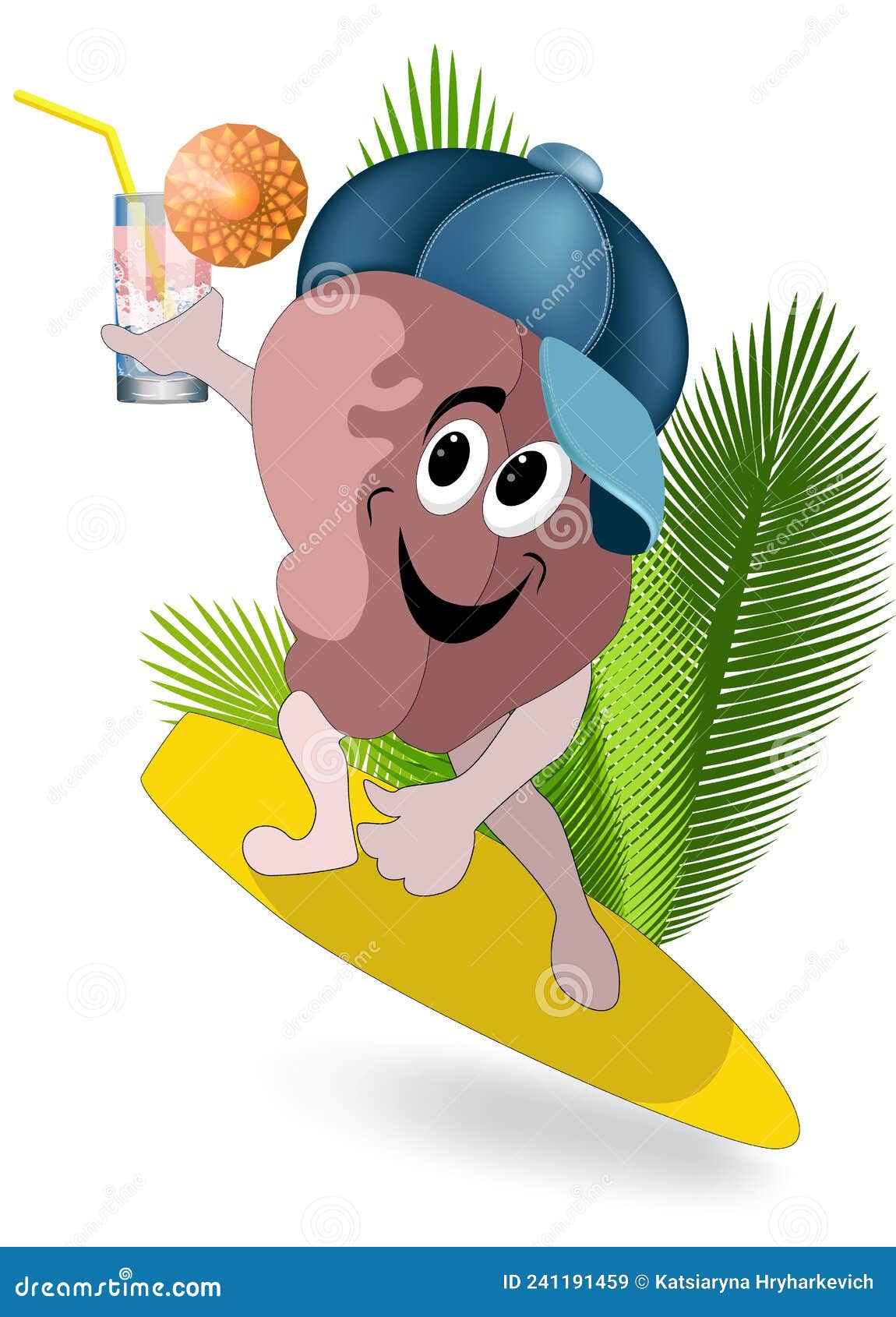 Vector Image of a Character in the Form of a Brain with a Surfboard and ...