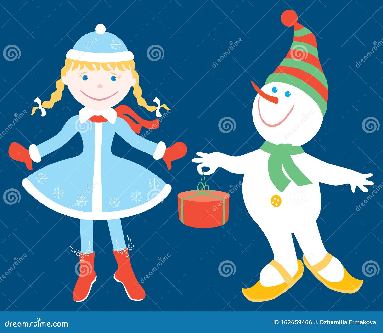 Vector Image of Cheerful Cartoon Snow Maiden and Snowman with Gift ...