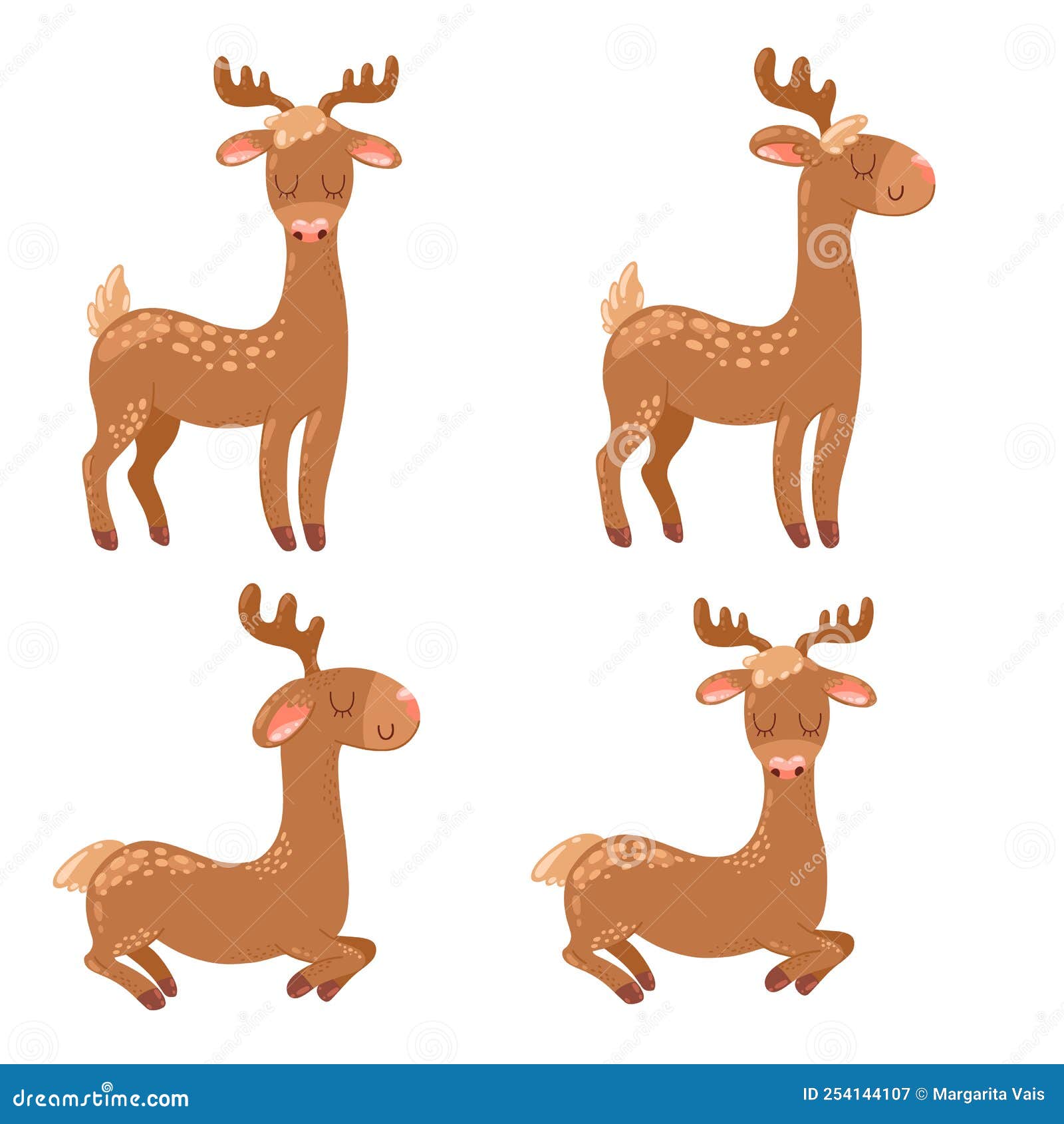 Vector Image of a Cute Deer Drawn in a Cartoon Style in Different Poses ...