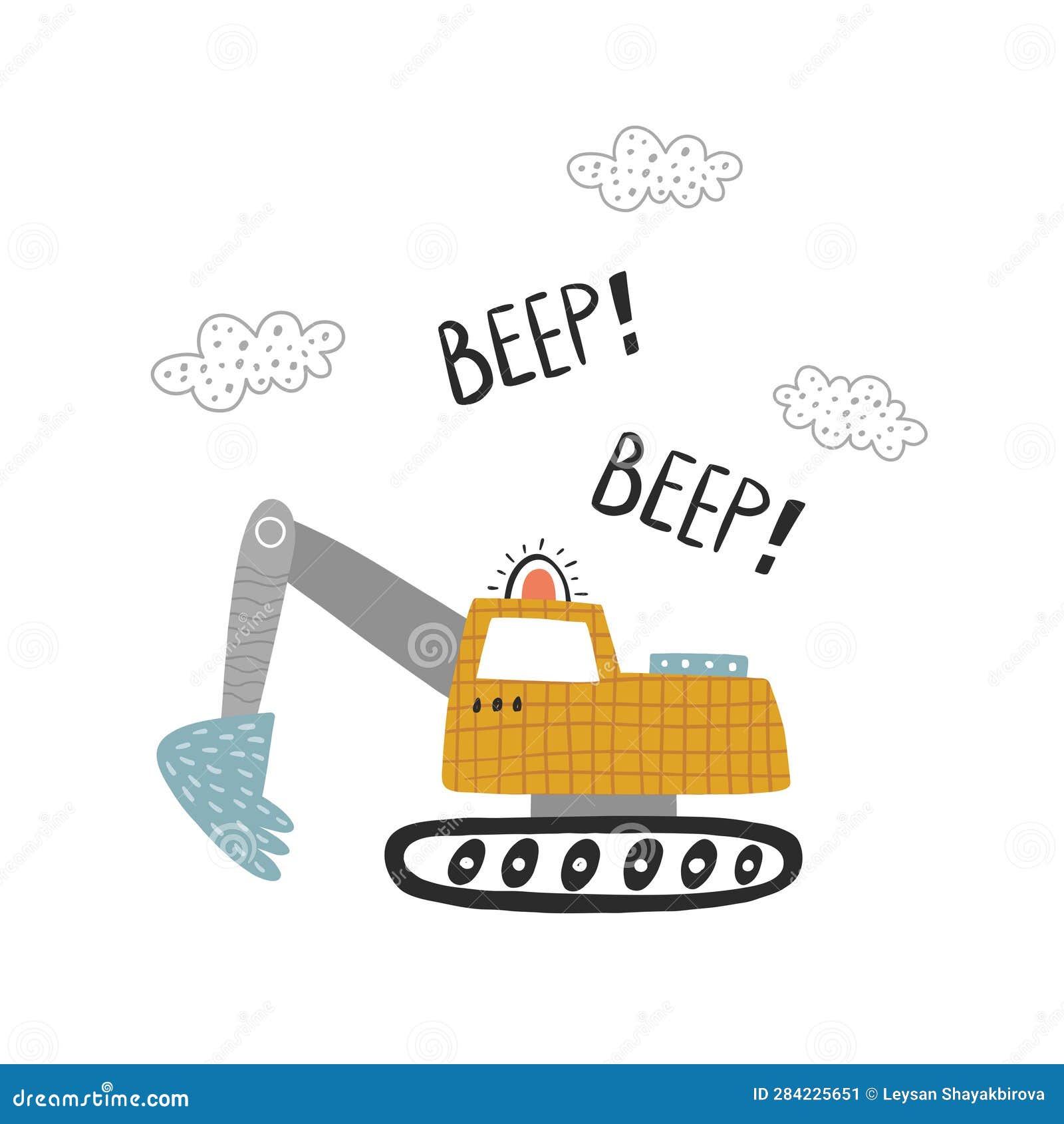 Beep Beep Text And Cartoon Excavator Isolated On White. Hand Drawn ...