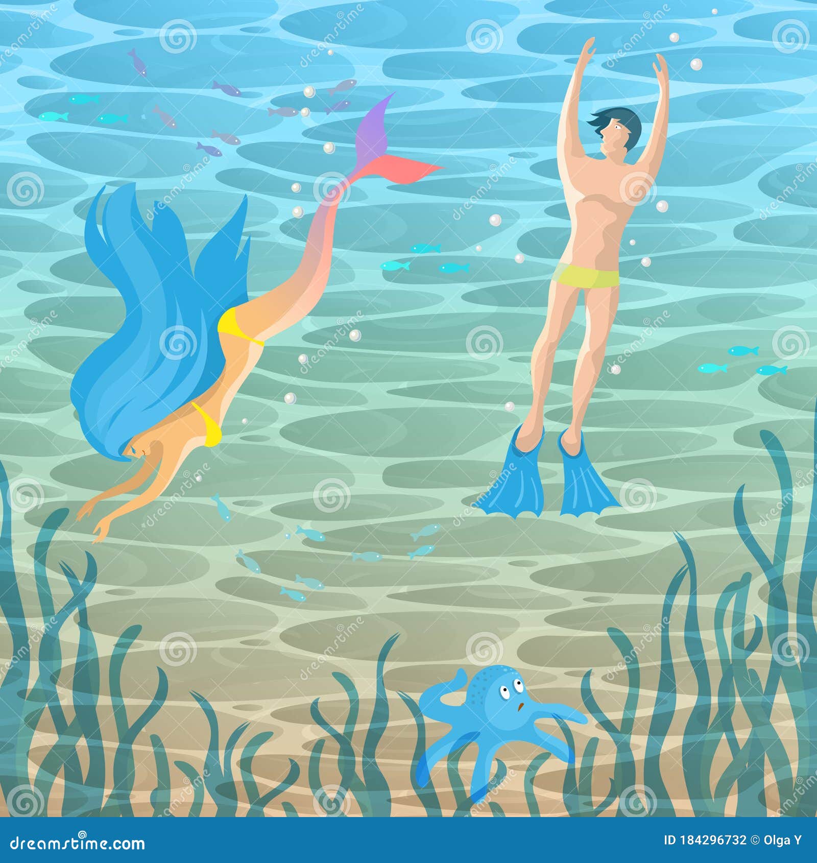 Mermaid, Floating With Dolphin. Princess With Beautiful Violet Long ...