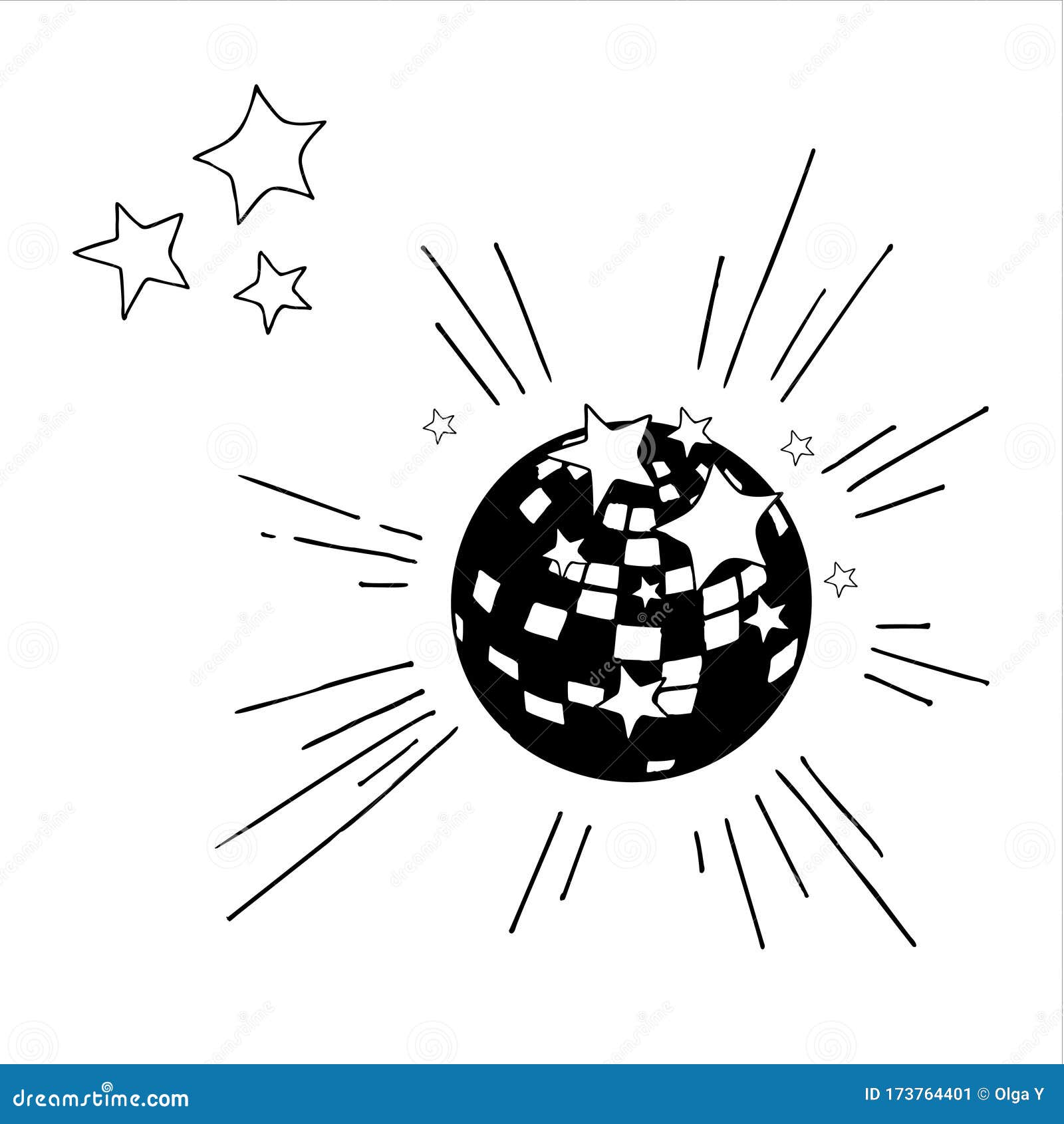 Vector Image of a Drawn Disco Ball with Highlights and Stars on a White ...