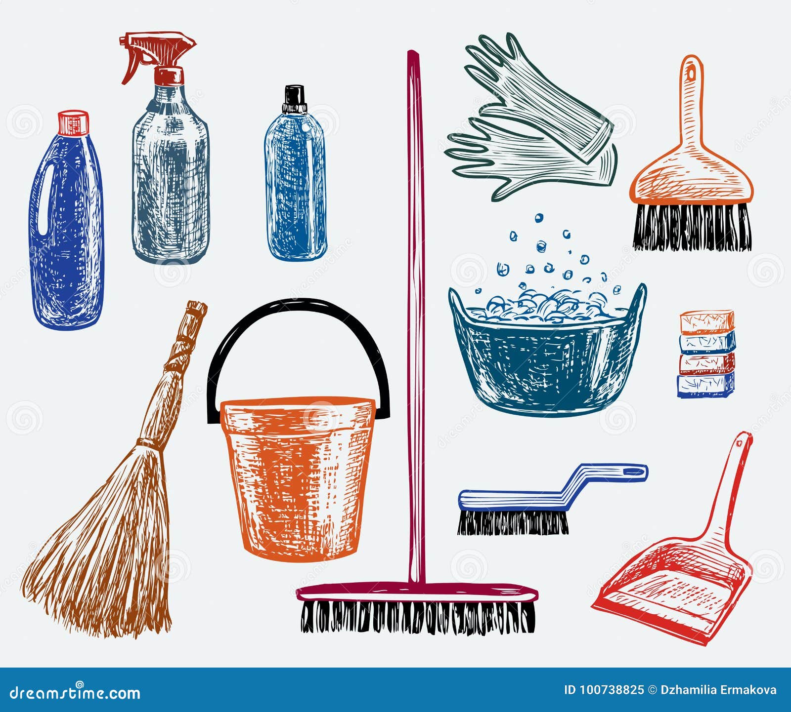 Sketches of the Objects for Cleaning Stock Vector - Illustration of colorful, bucket: 100738825