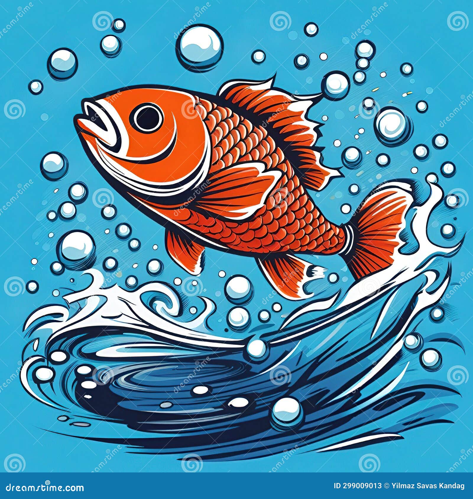 Vector Image of a Fish in the Sea, Waves and Bubbles. Stock ...