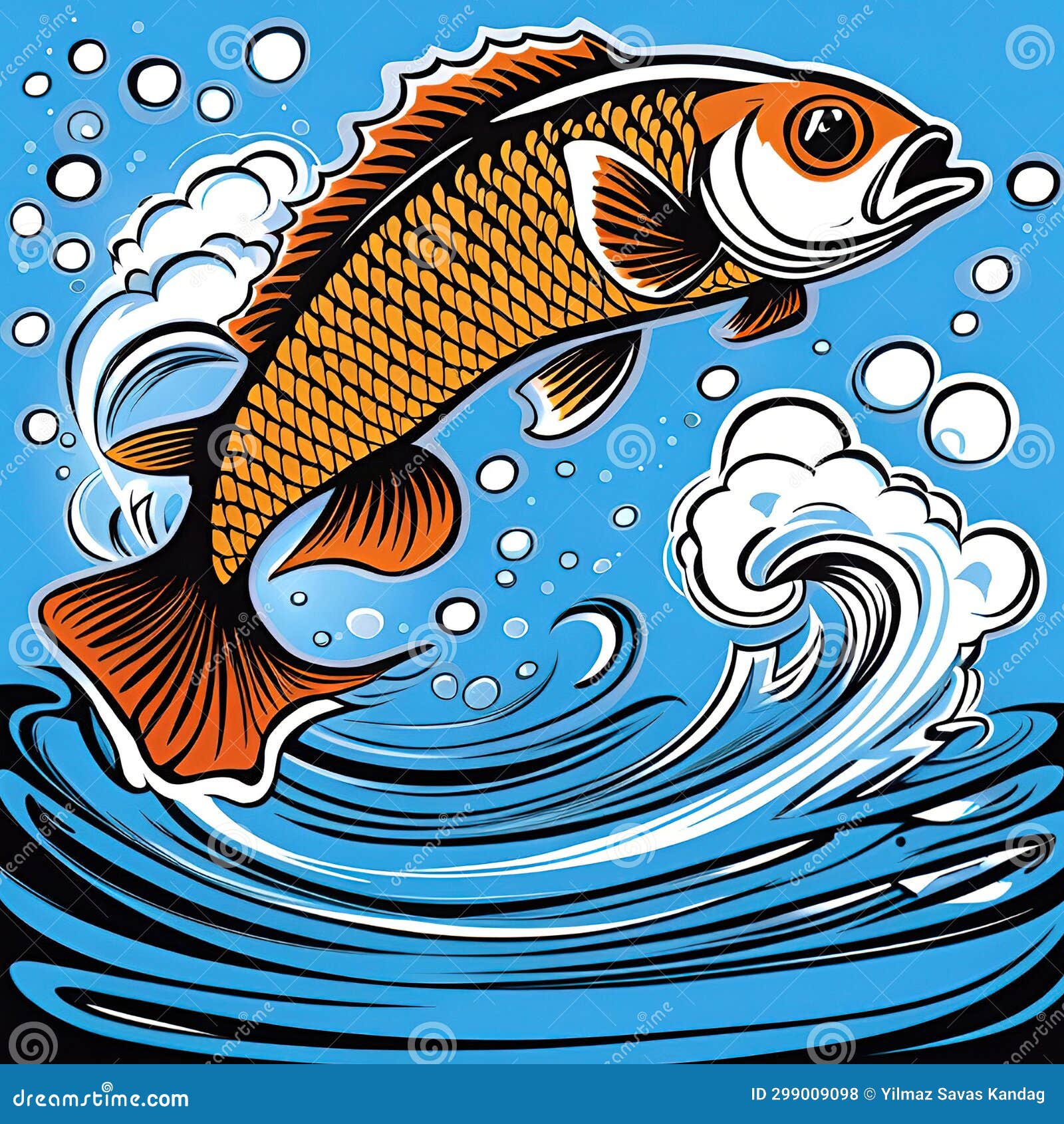 Vector Image of a Fish in the Sea, Waves and Bubbles. Stock ...