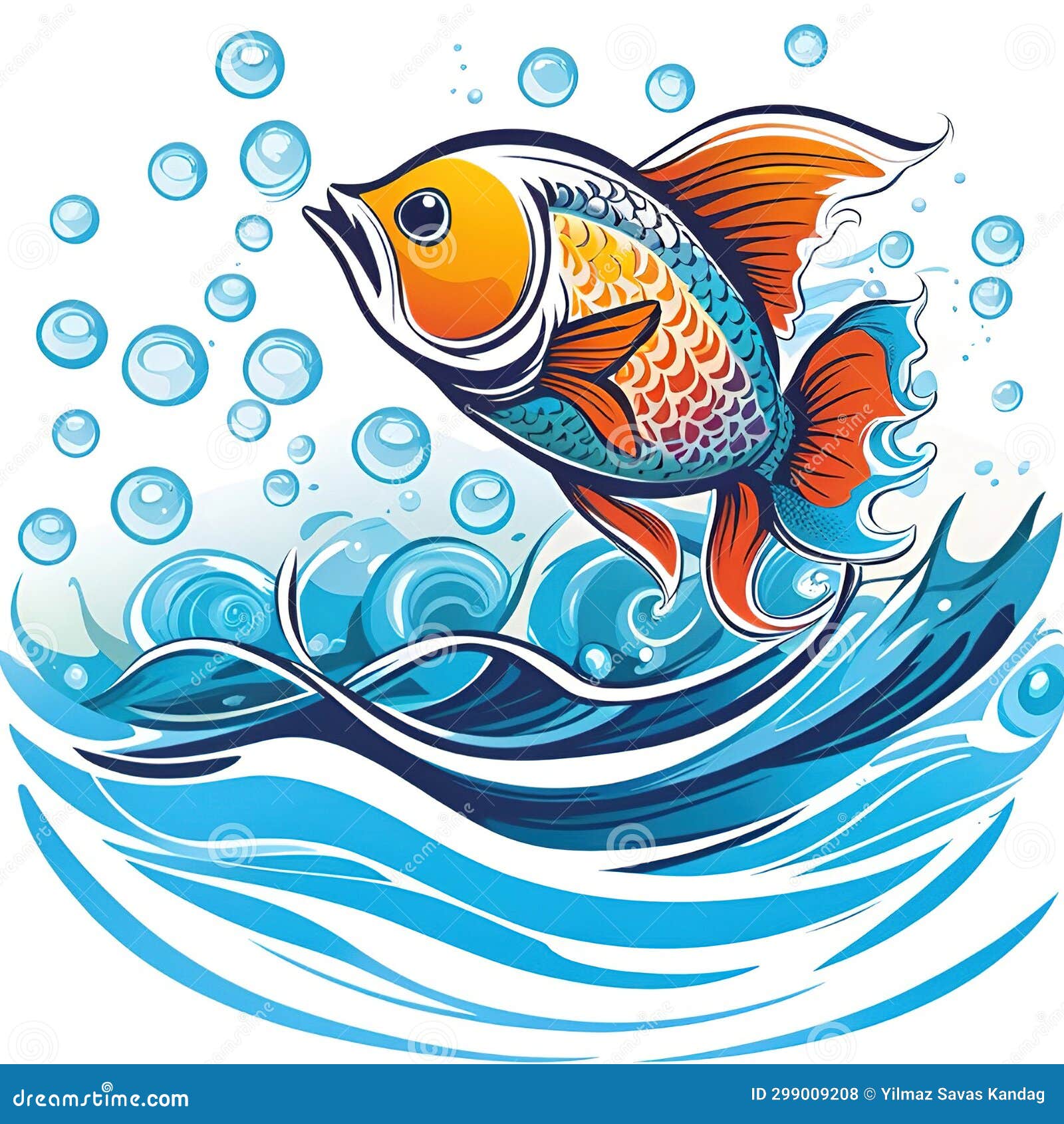 Vector Image of a Fish in the Sea, Waves and Bubbles. Stock ...