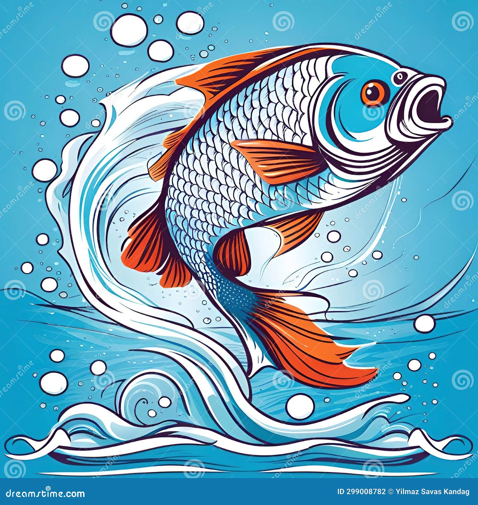Vector Image of a Fish in the Sea, Waves and Bubbles. Stock ...