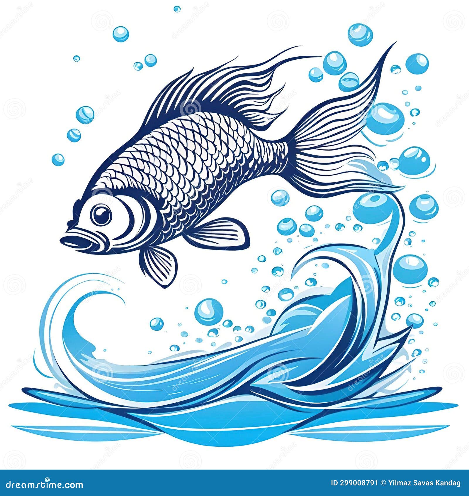 Vector Image of a Fish in the Sea, Waves and Bubbles. Stock ...