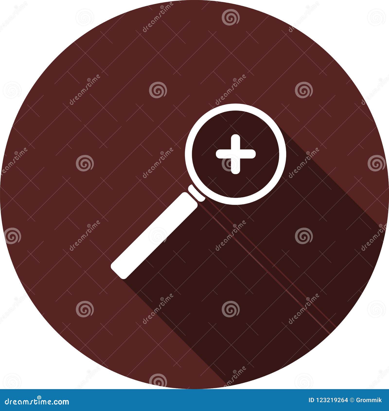 Magnifier Icon with a Magnification Symbol on a Circle of Maroon Stock ...