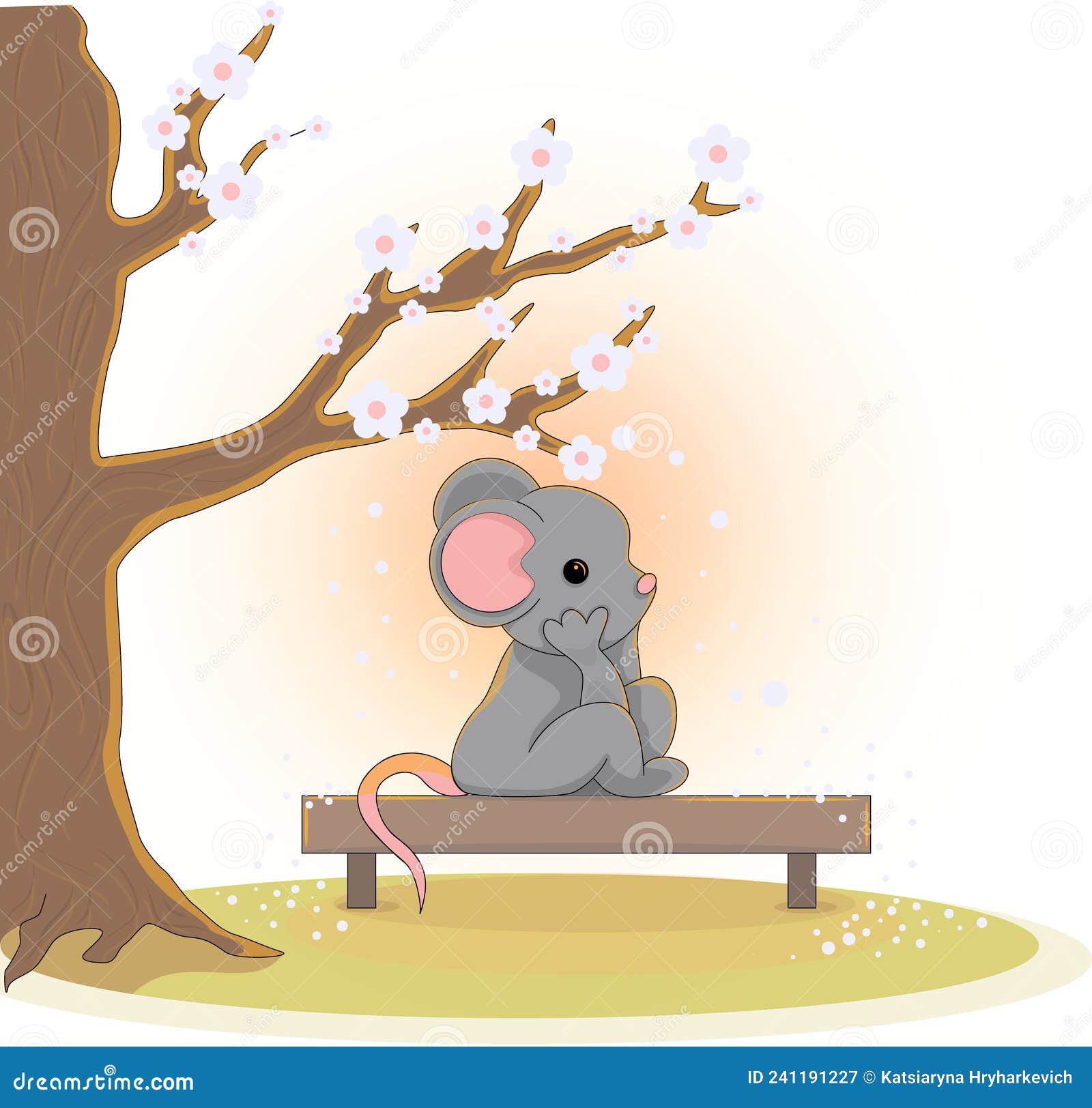 Vector Image of a Mouse Sitting Under a Flowering Tree on a Bench Stock ...