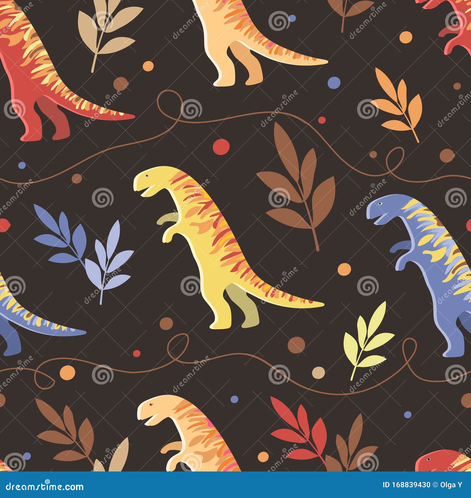 Vector Image of Multi-colored Dinosaurs with Leaves and Curvy Lines on ...