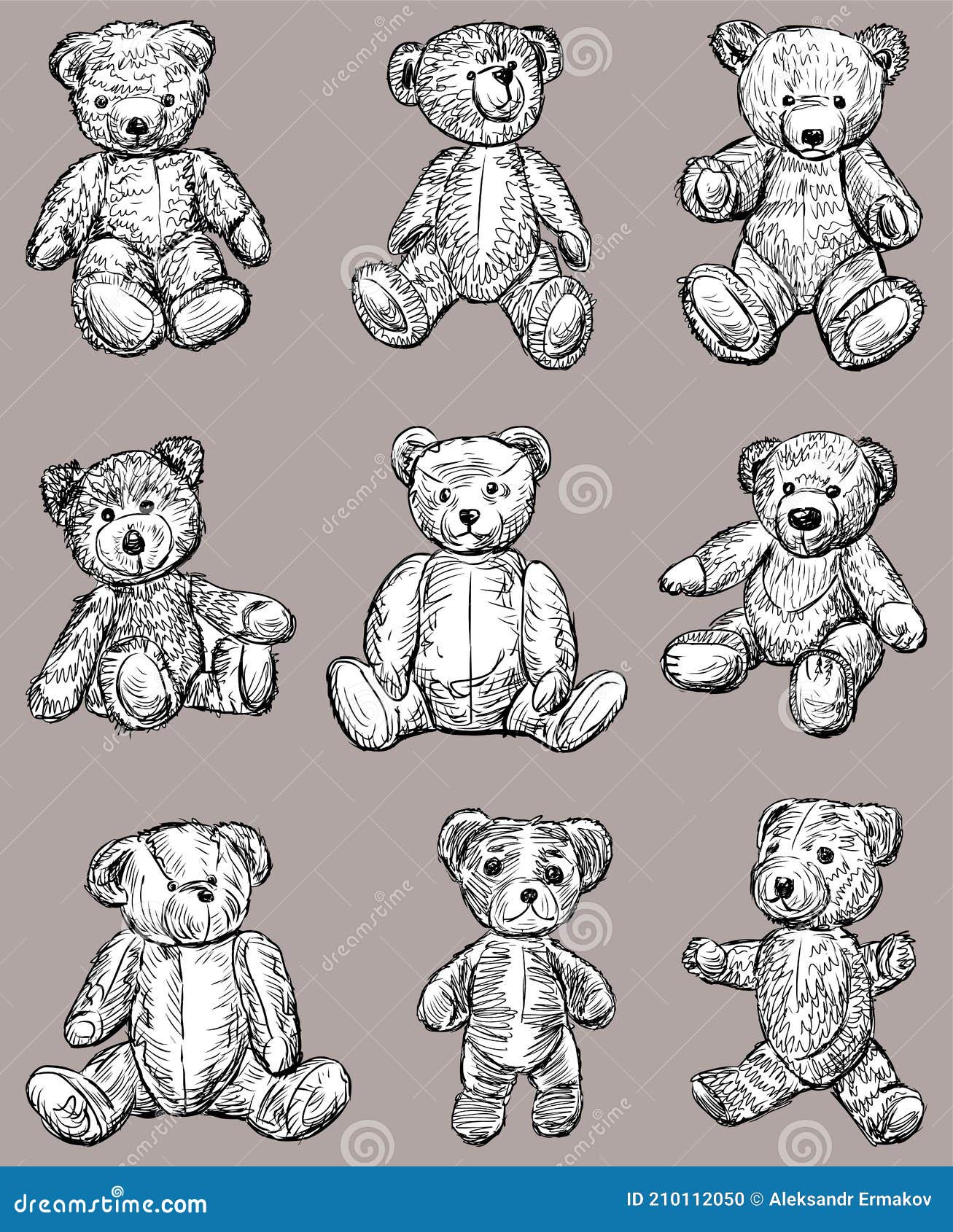 Vector Image of Set Sketches Various Old Teddy Bears Stock Vector ...