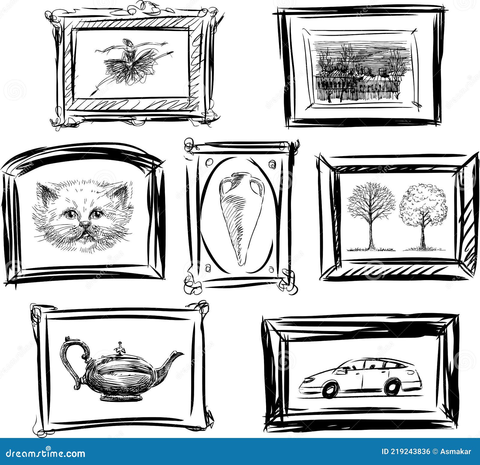 Vector Image of Sketches Various Paintings in Frames on the Wall in Art ...