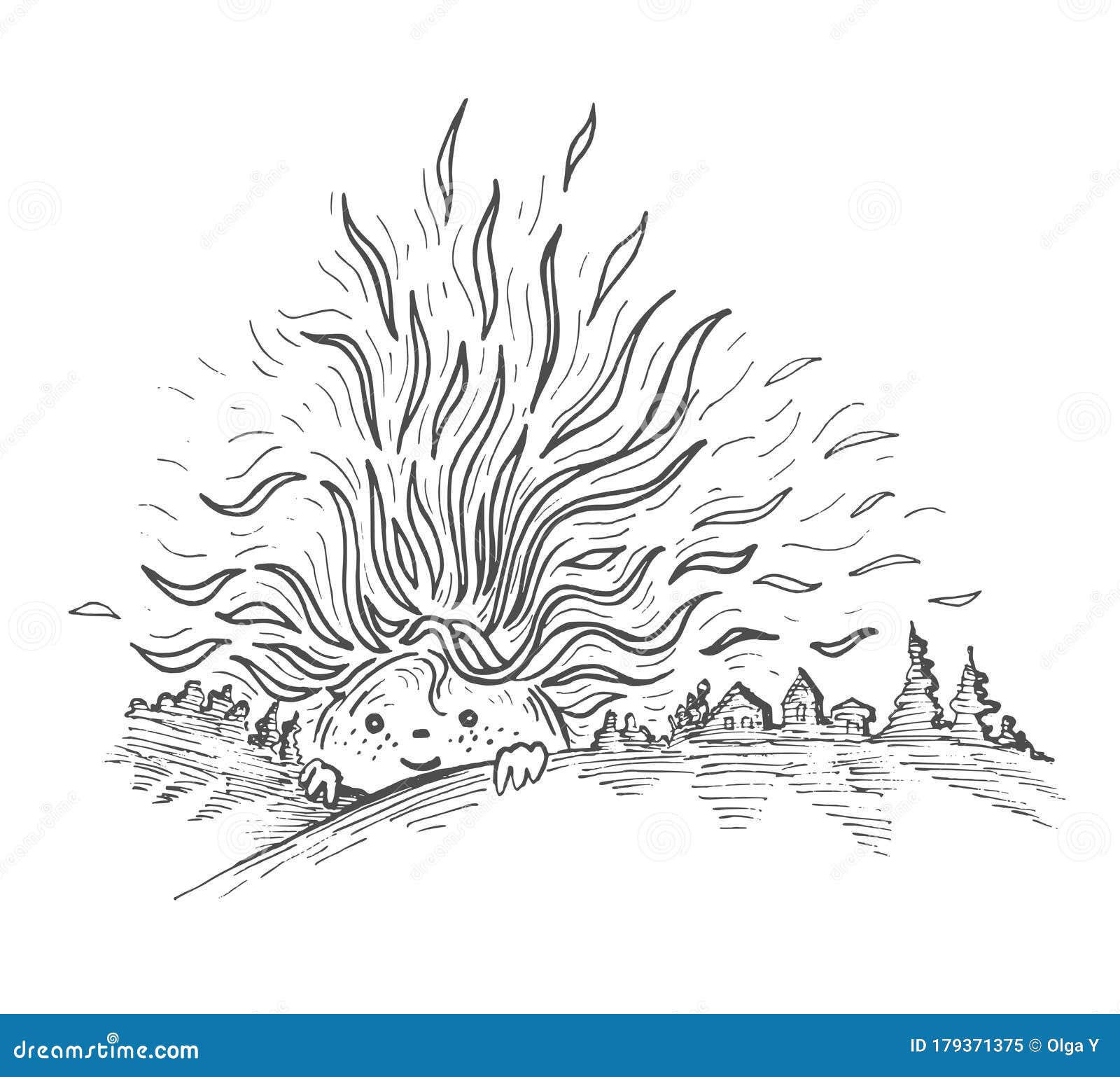 Vector Image of a Smiling Sun Over the Horizon among Houses and Trees ...