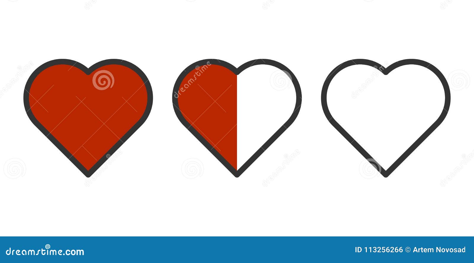 Vector Image of Three Hearts in a Row - Completely Filled, Half of the ...