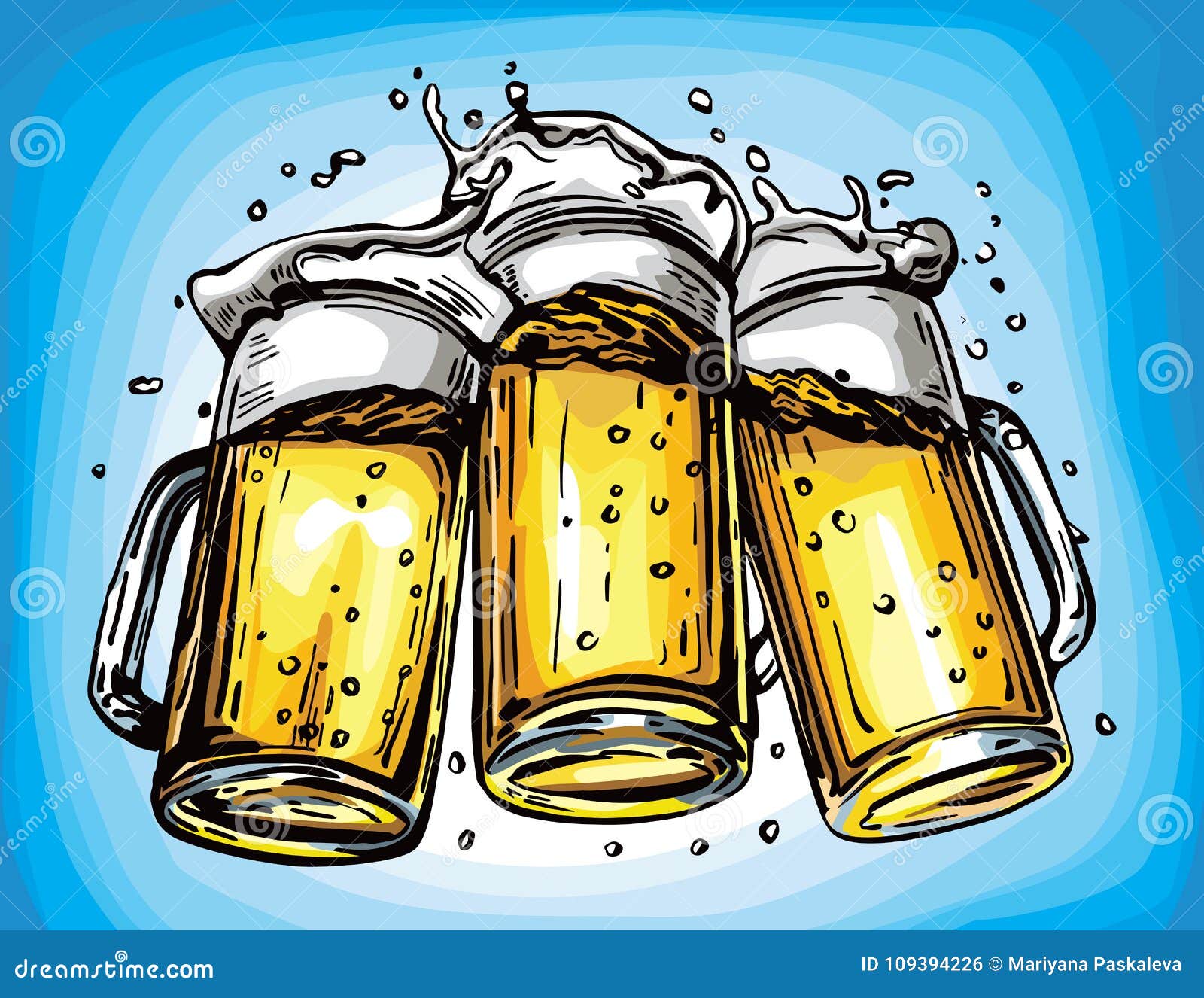 Three Mugs Of Light Beer With One Full, One Half-full And One Empty ...