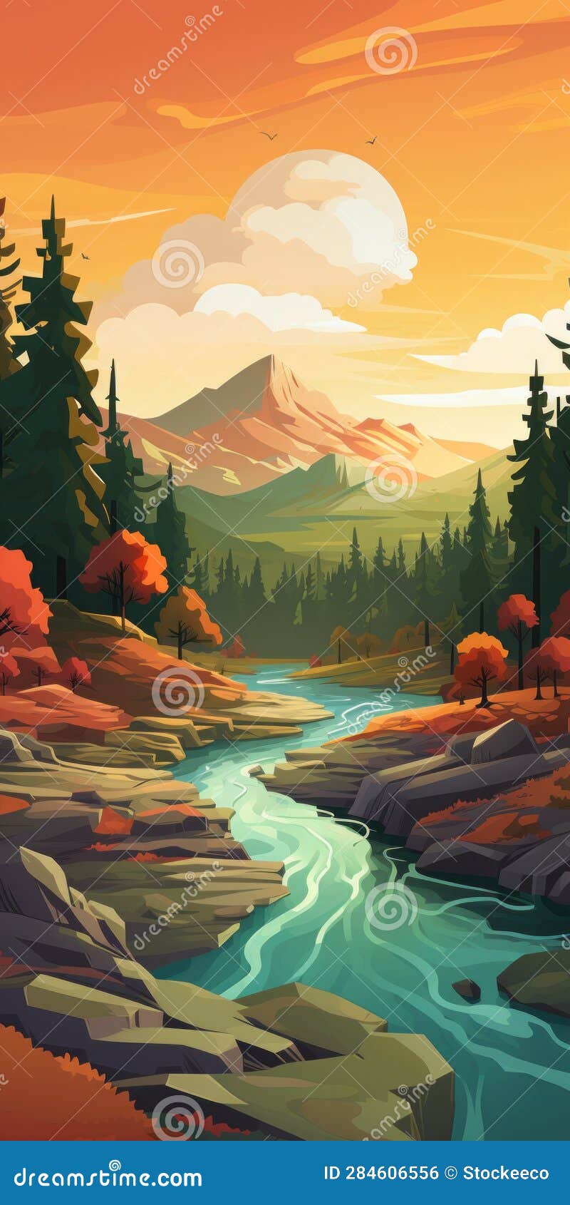 Colorful Forest Landscape Illustration with Bold Art Style Stock ...