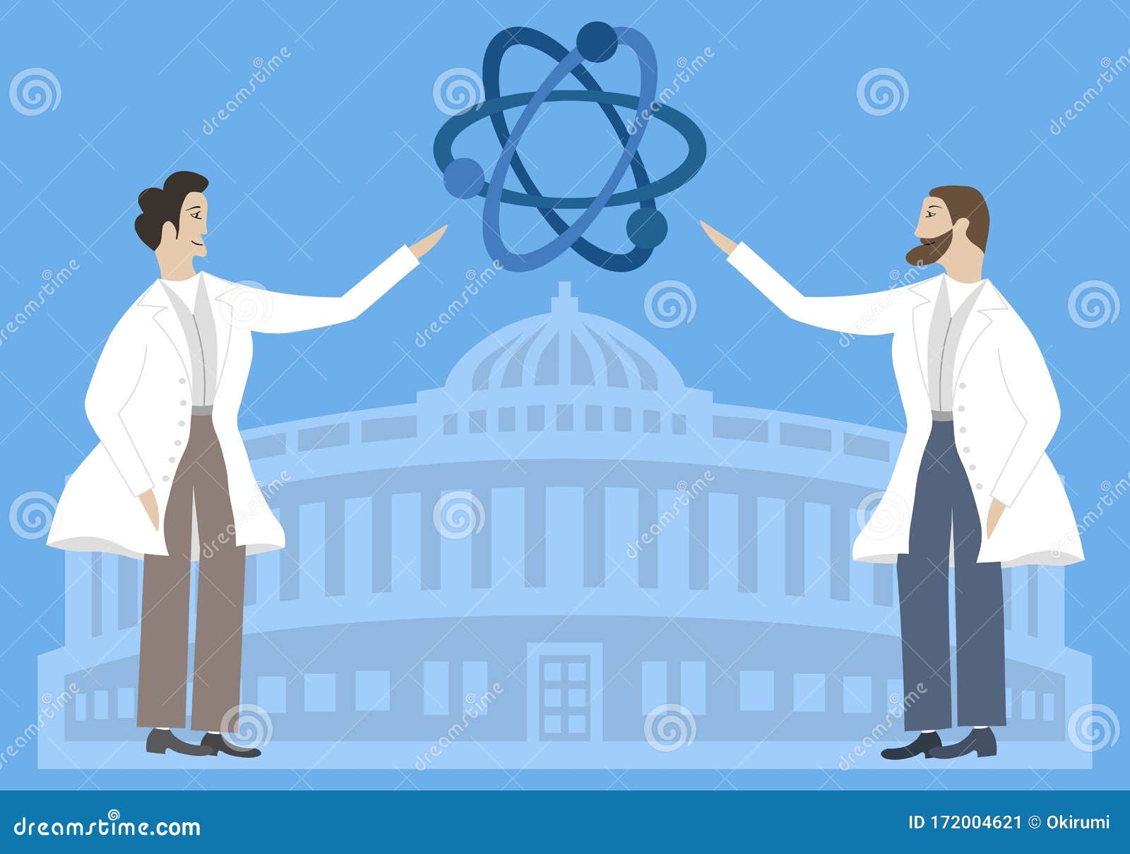 Two Men Scientists with Atom Model Stock Illustration - Illustration of ...