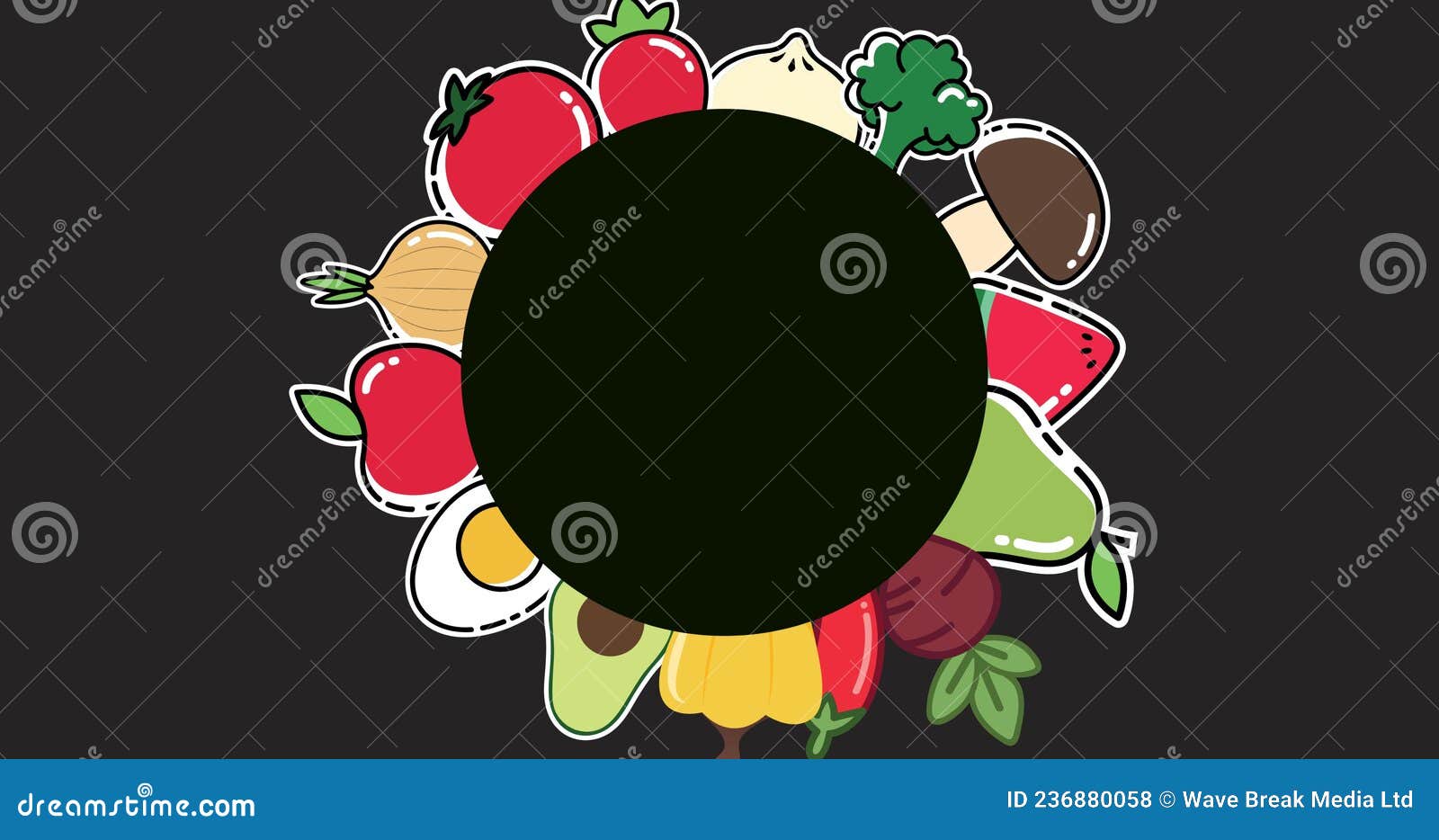 Vector Image of Various Food Arranged in Circular Shape Against Black ...