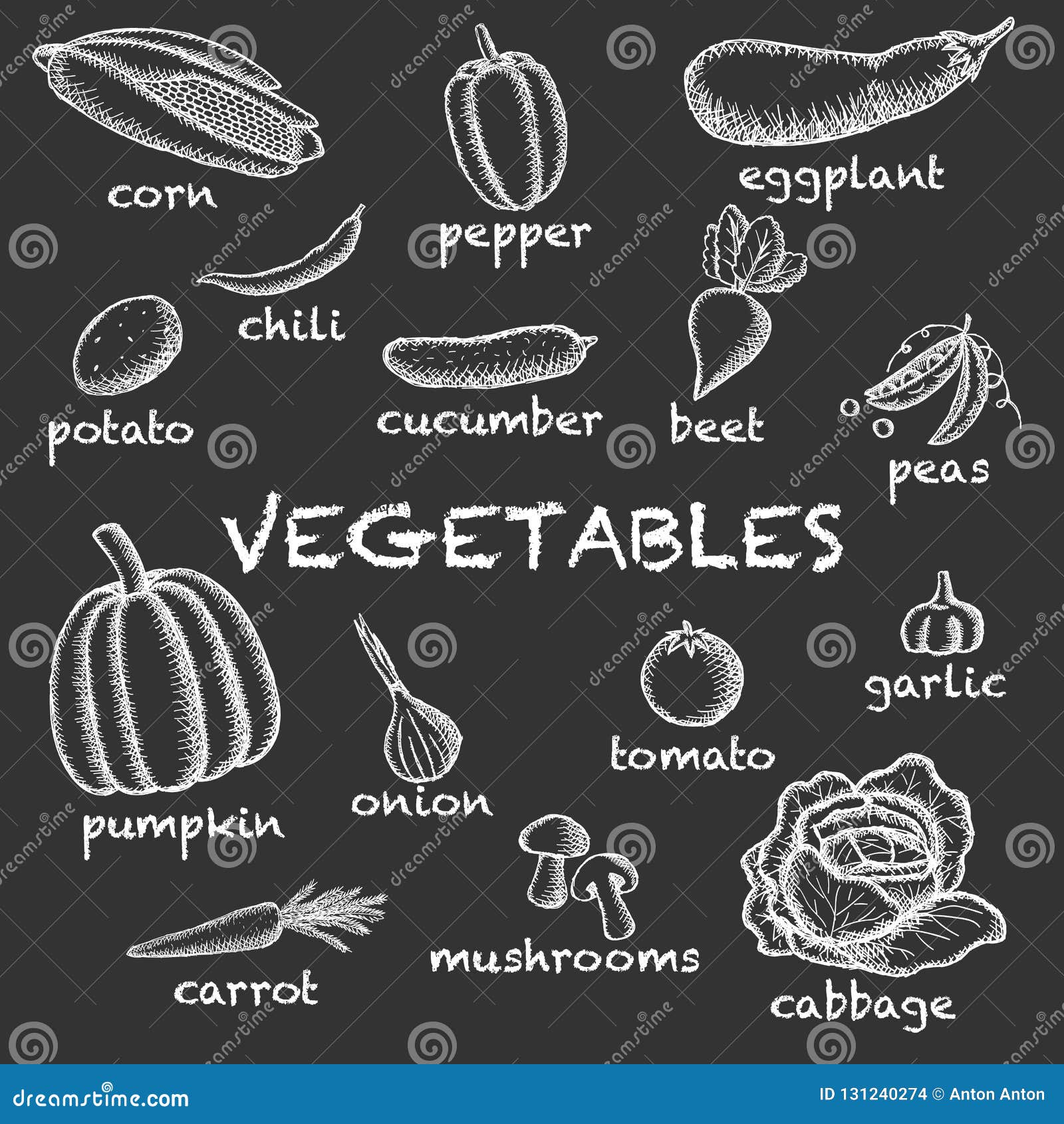 Vector Image of Vegetables Set Painted with Chalk on a Dark Background ...