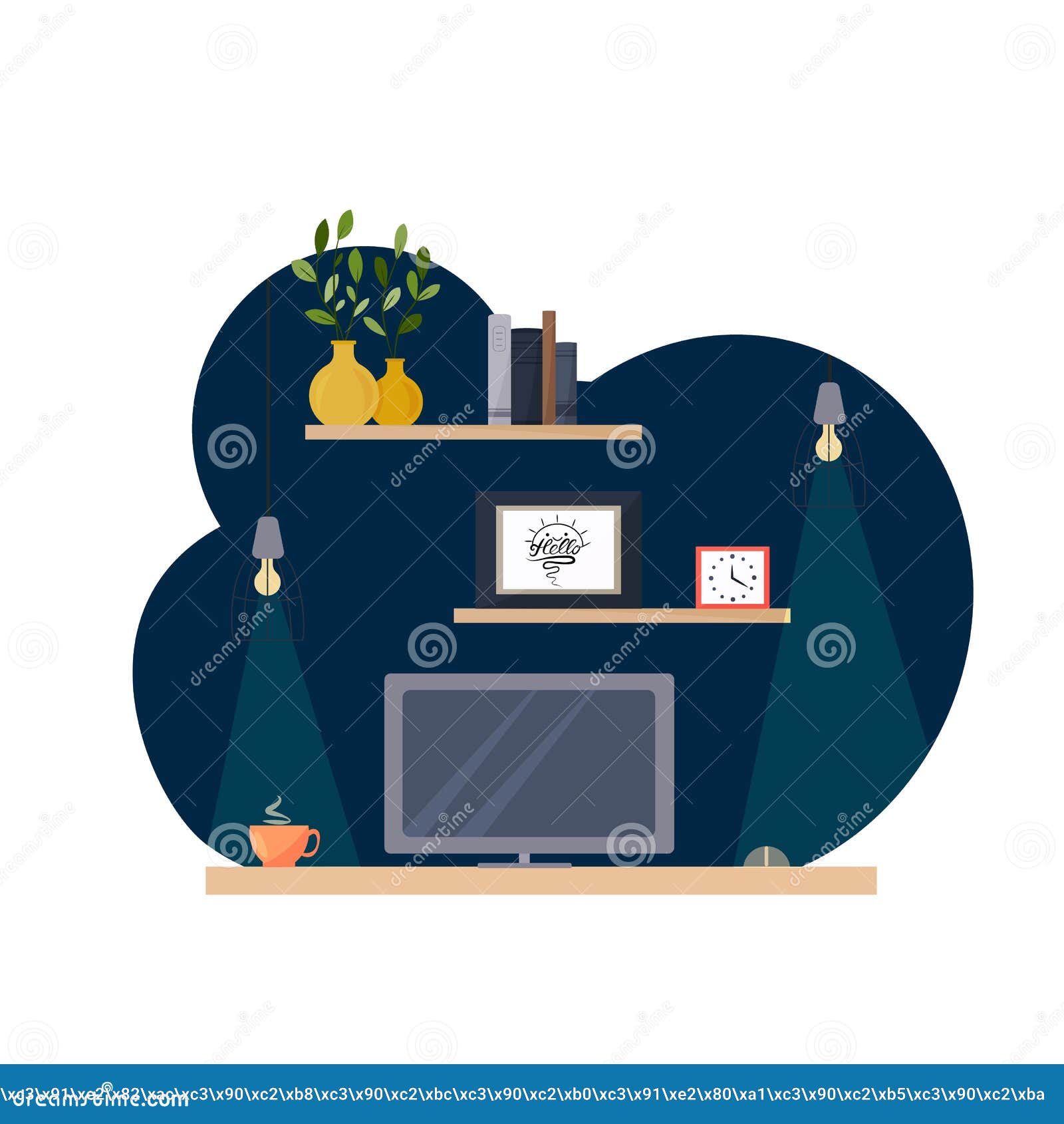 Vector Image of the Workplace. Desktop at Night. Office with a Computer ...