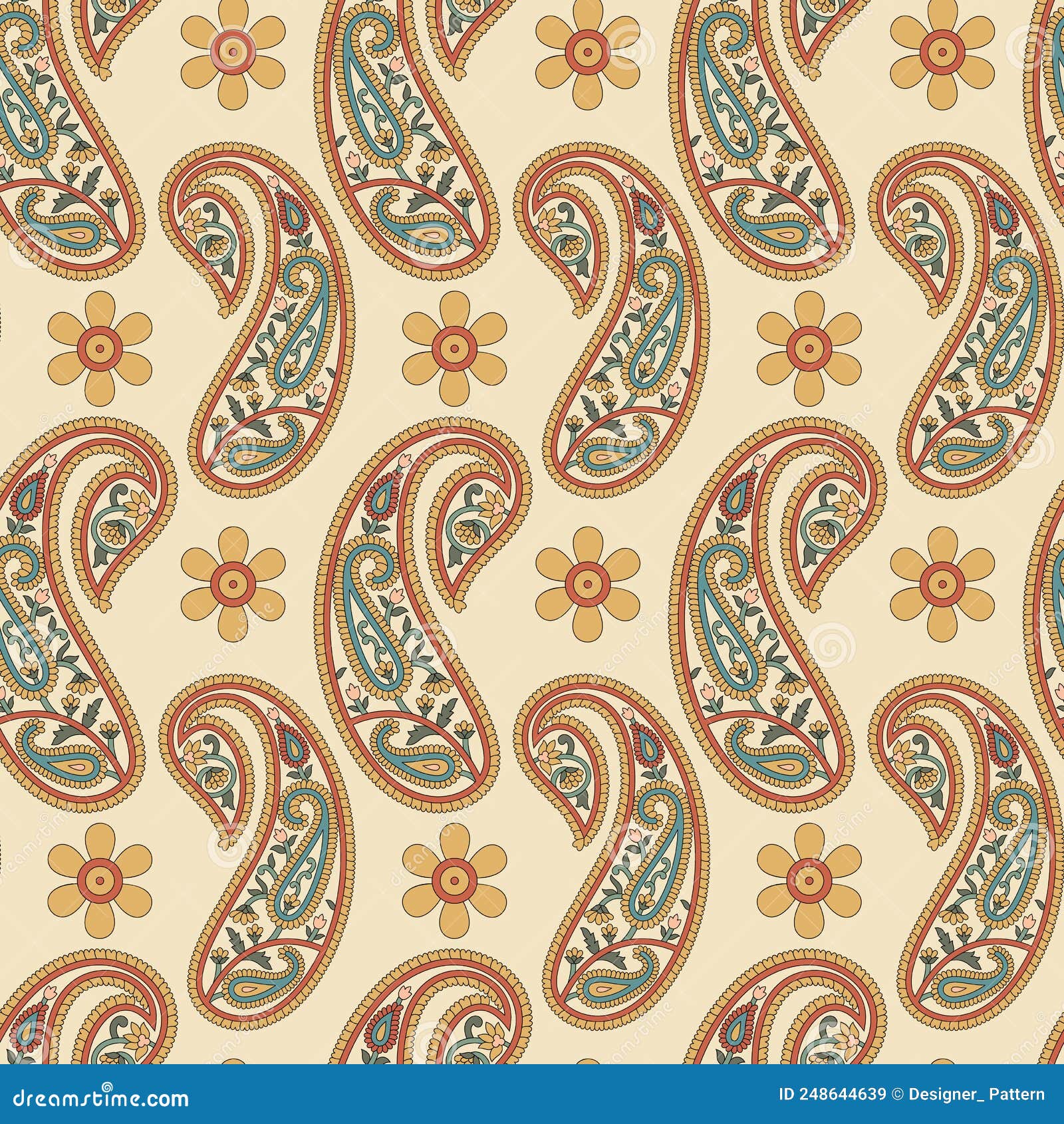 Vector Indian Paisley with Flower Repeat Seamless Pattern Background ...