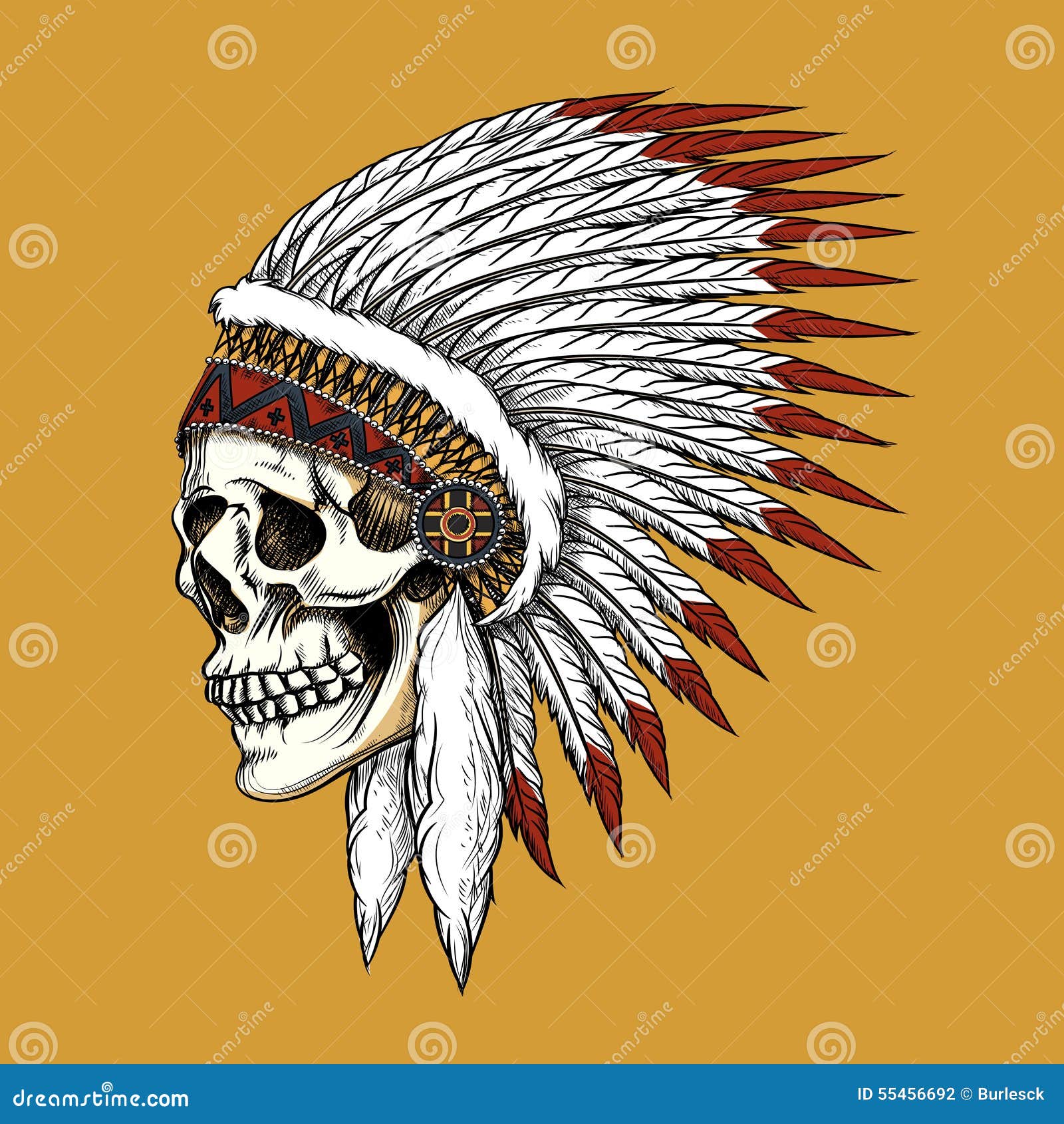 Indian Skull With Tribal Feather Hat. Dead Chief Cartoon Vector ...