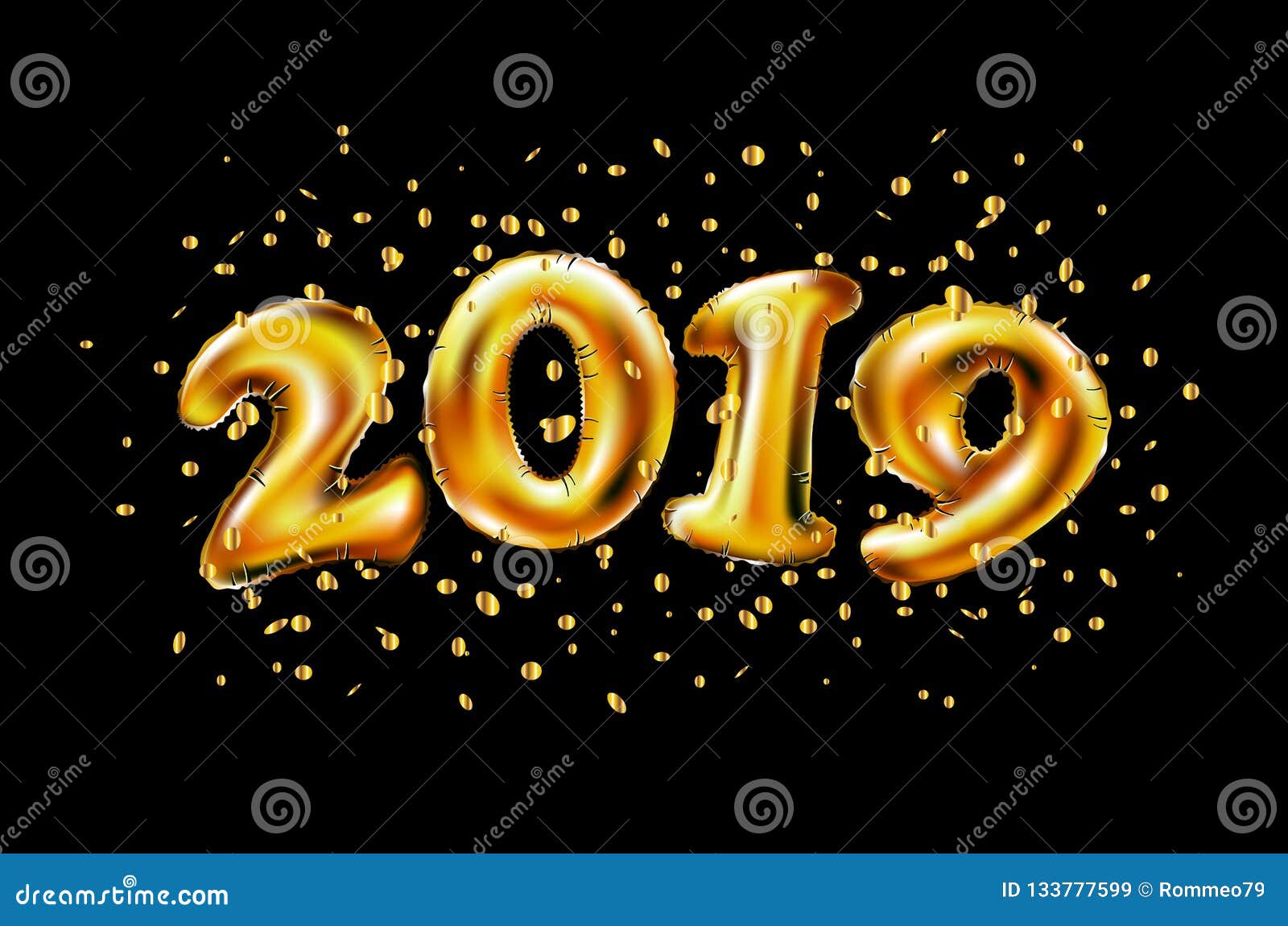 Vector 2019. Inflatable Gold Numbers on the Background of the Black ...