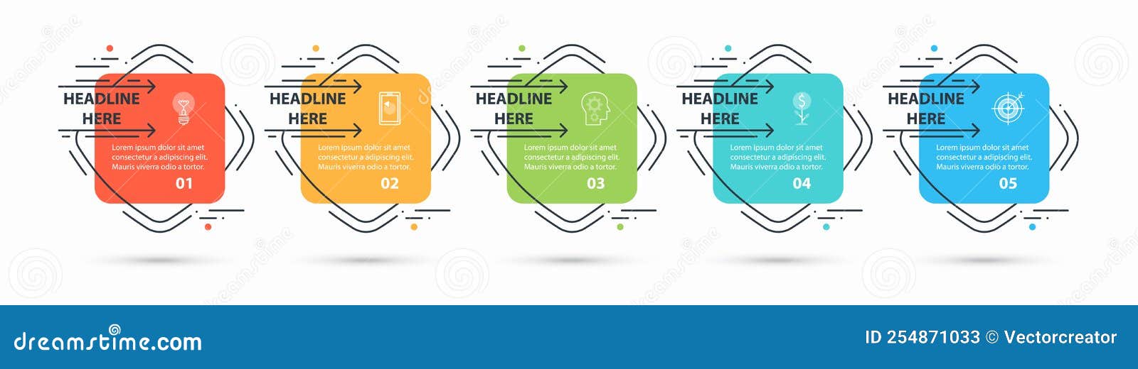 Vector Infographic Design Template with 5 Steps, Numbered Options, Square Elements with Rounded ...