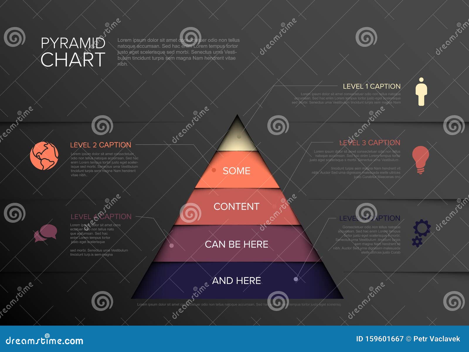 Vector Infographic Five Tier Pyramid Chart Diagram Template - Dark ...