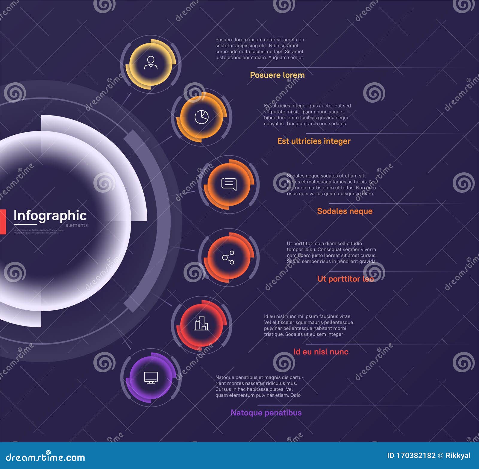 Vector Infographic Round Chart Template on a Deep Blue Background. Six ...