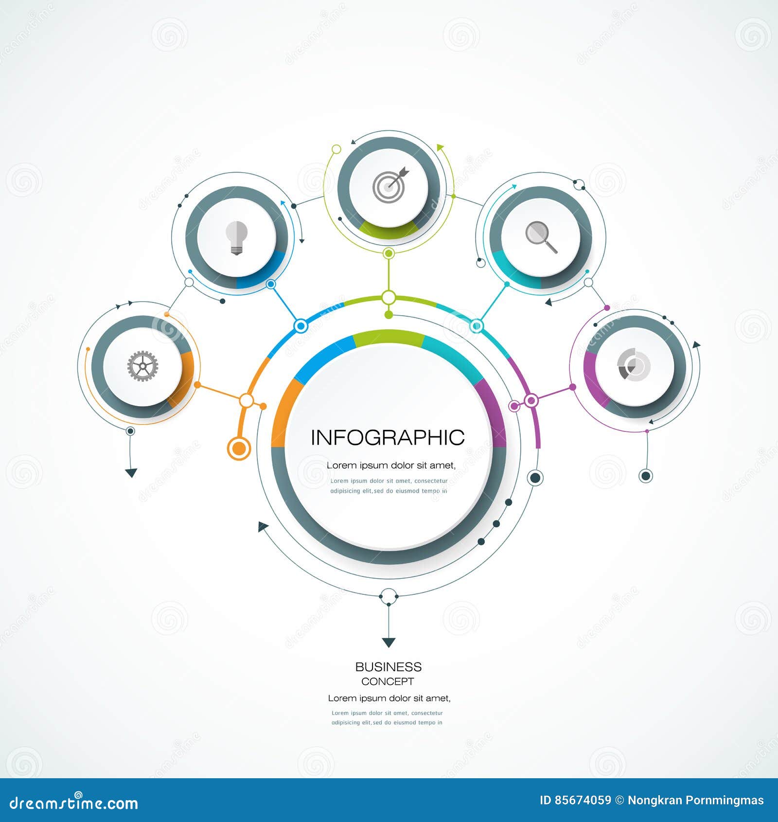 Vector Infographics 3D Circle Label with Arrows Sign and 5 Options ...