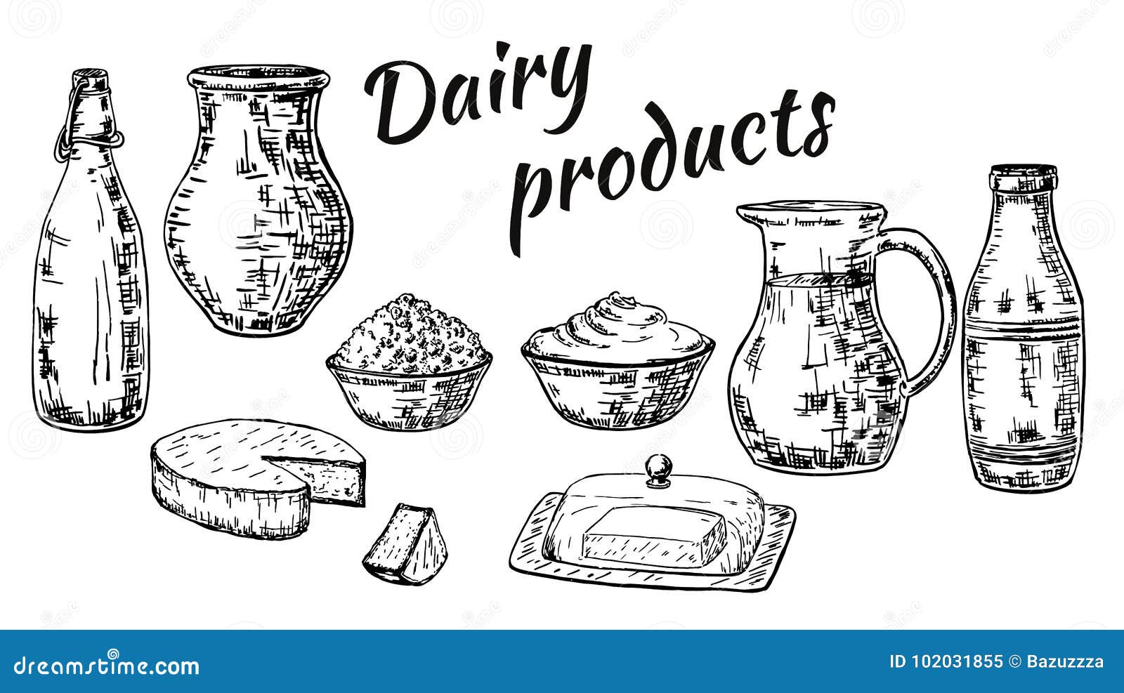 Vector Ink Hand Drawn Sketch Style Dairy Products Set Stock Vector