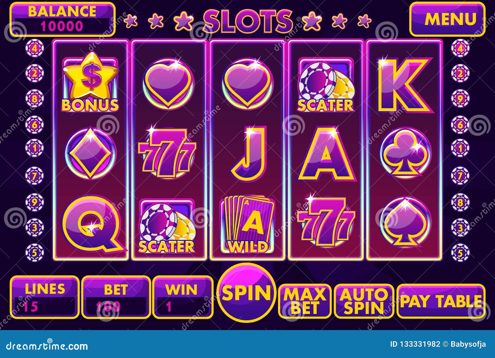 Vector Interface Slot Machine in Purple Colored. Complete Menu of ...